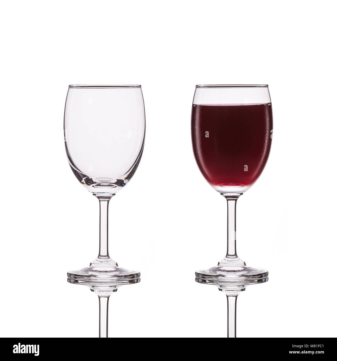 Empty clear and full wine glass. Studio shot isolated on white ...