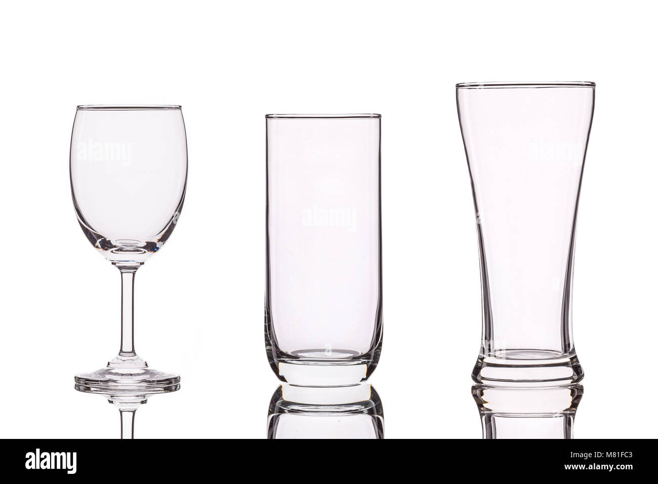 Different of empty clear drinking glass. Studio shot isolated on white ...