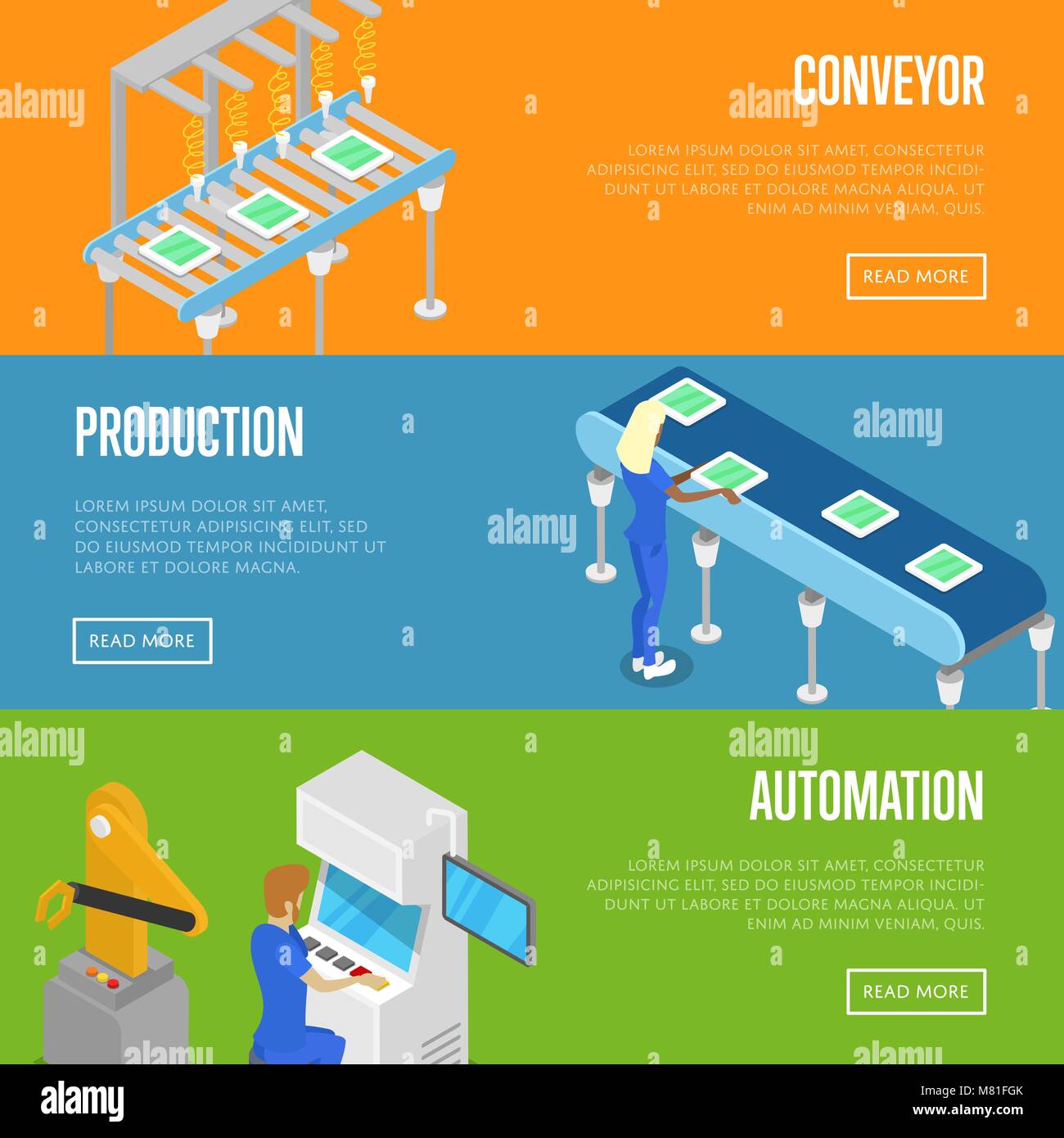 Smart robotic assembly line isometric 3D posters Stock Vector Image ...