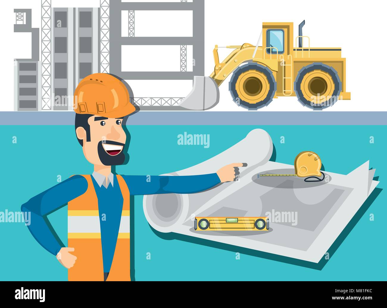 Cartoon engineer with tools and blueprints over under construction zone ...