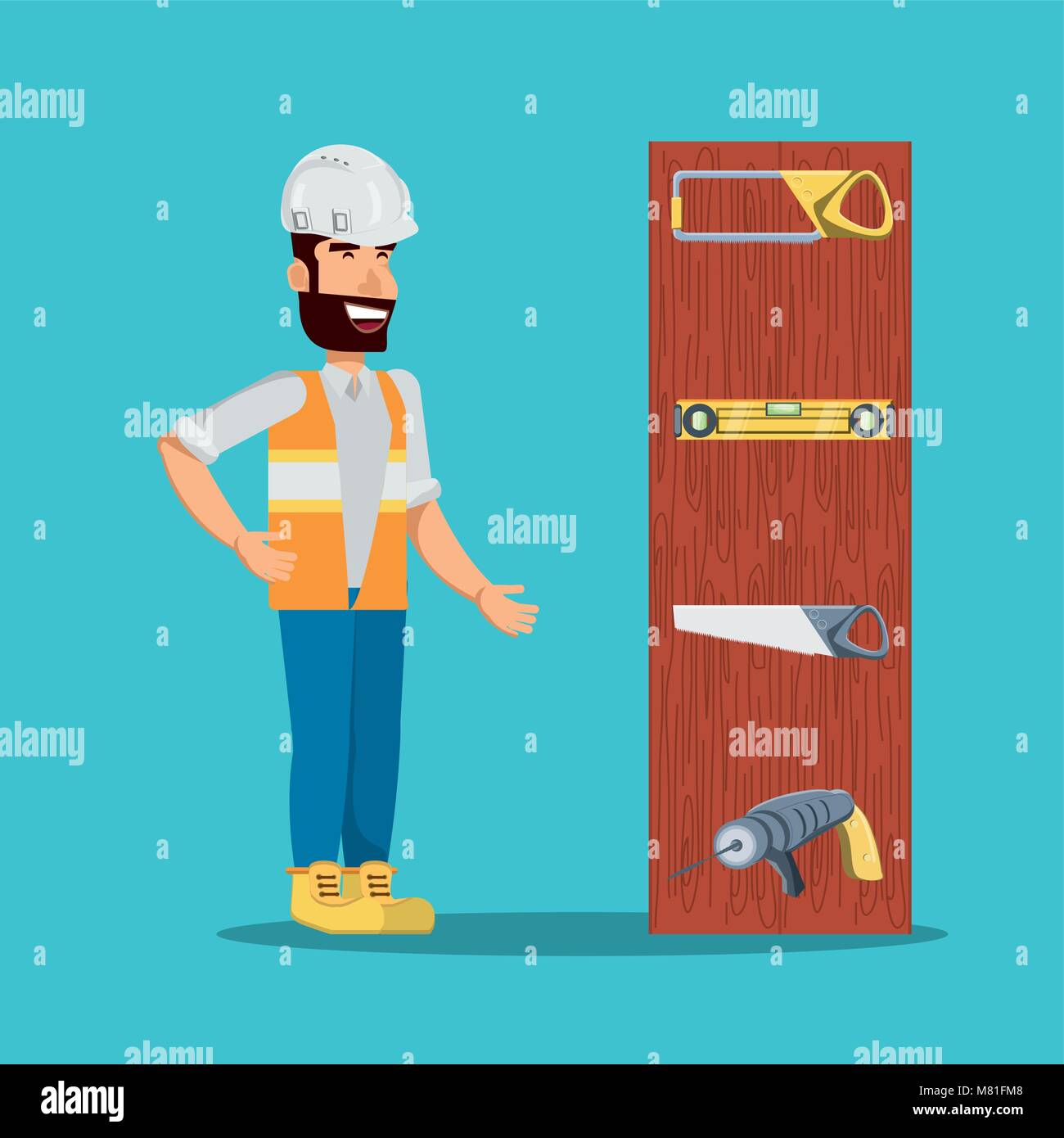 Cartoon builder with board with construction tools over blue background ...