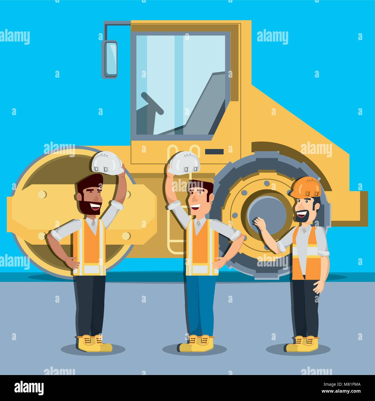 Cartoon engineers and road roller truck over blue background, colorful ...