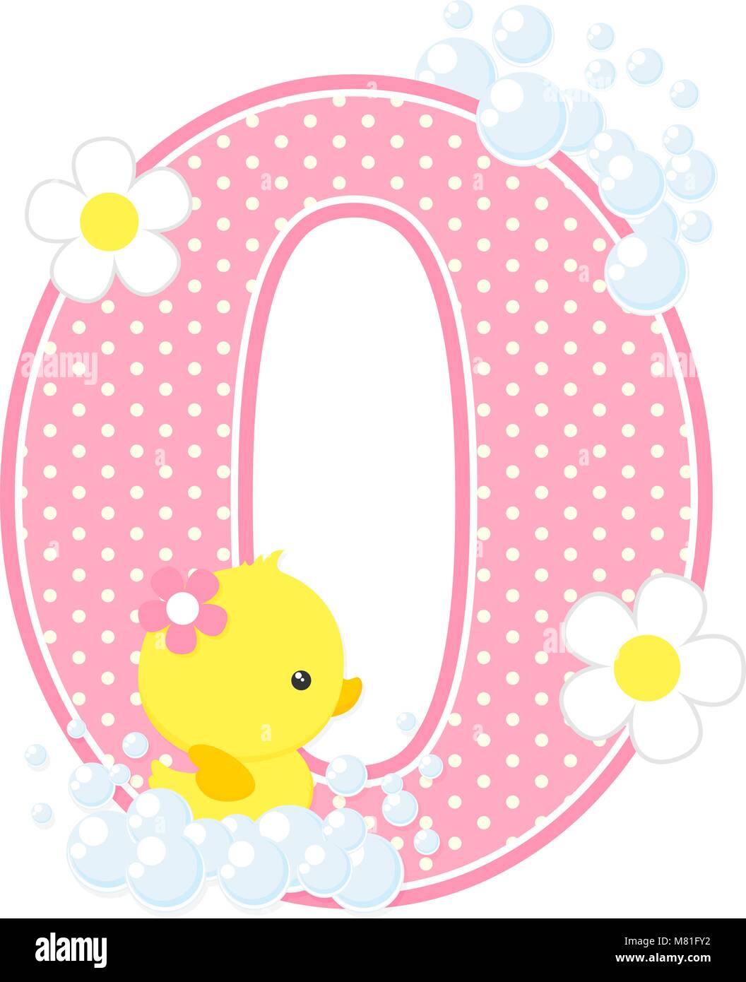 number 0 with bubbles and cute rubber duck isolated on white. can be ...