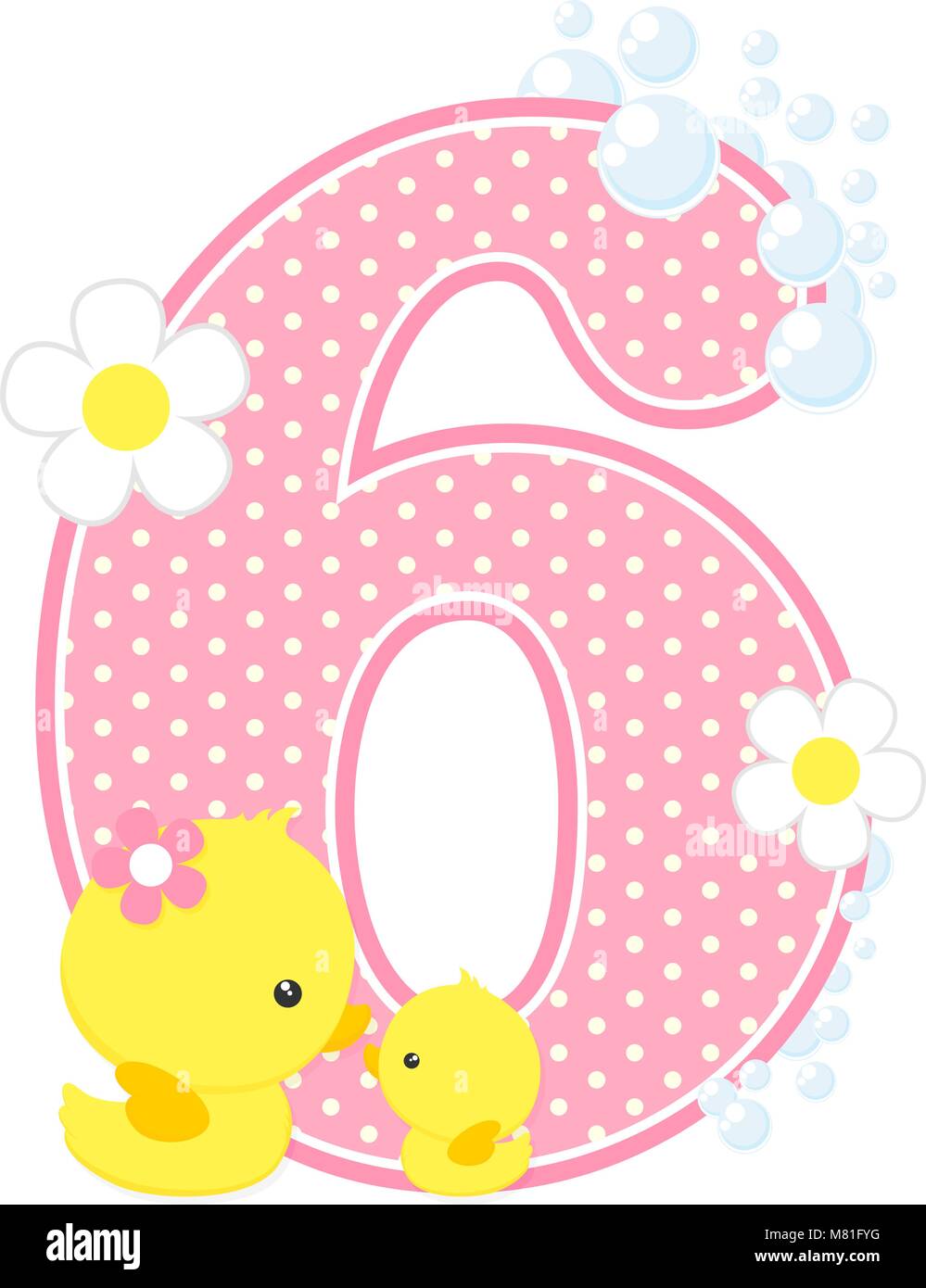 number 6 with bubbles and cute rubber duck isolated on white. can be ...