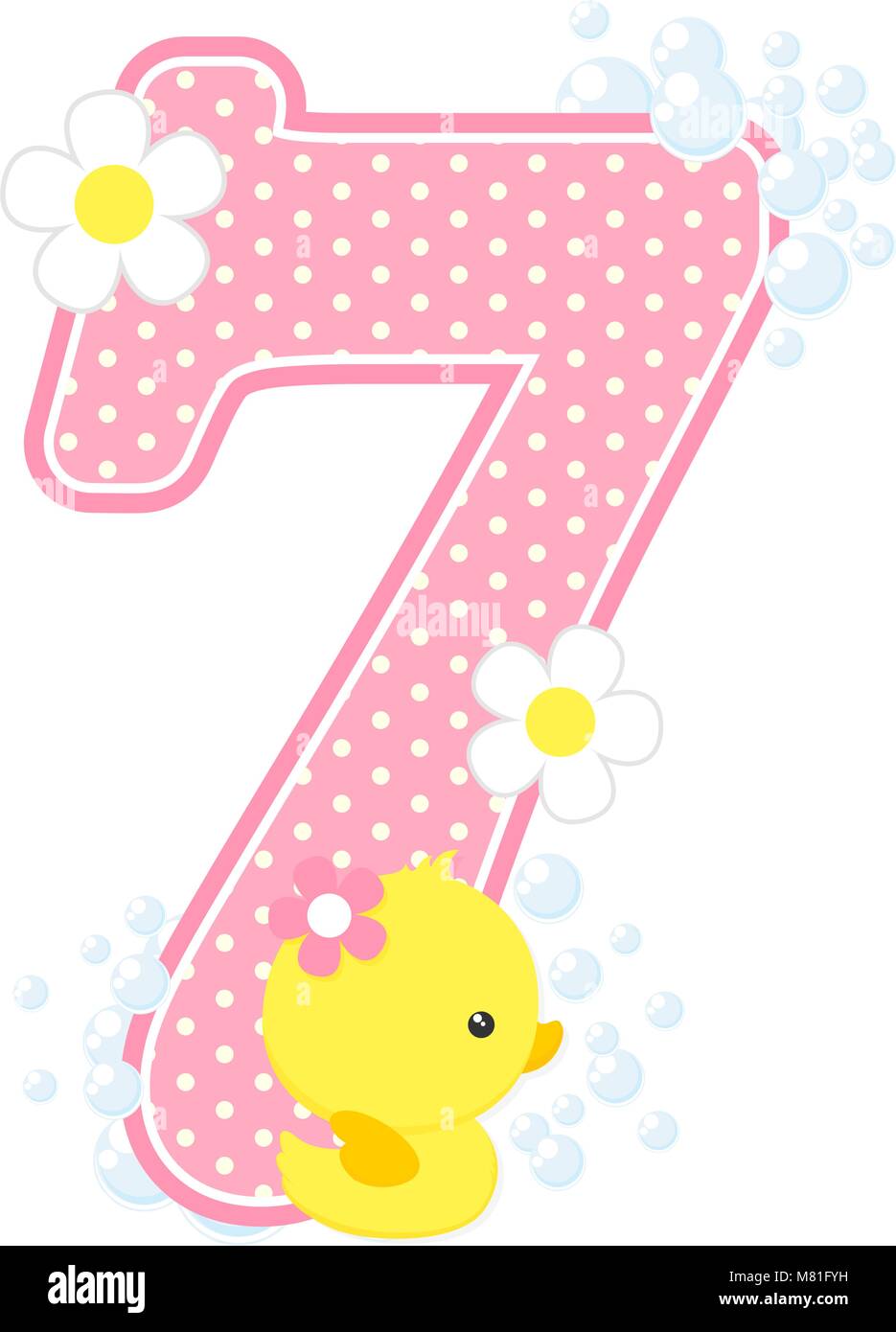 number 7 with bubbles and cute rubber duck isolated on white. can be ...