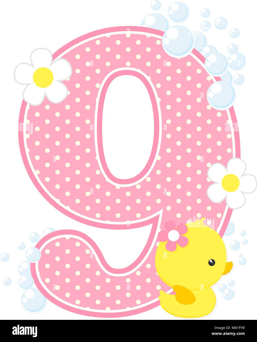 number 9 with bubbles and cute rubber duck isolated on white. can be ...