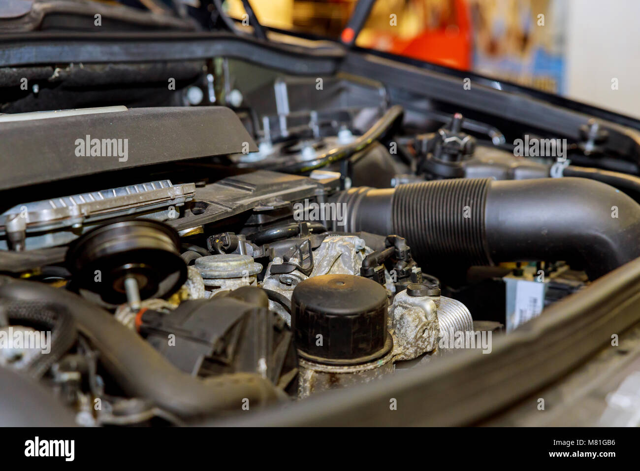 Old and dirty car engine in the garage. motor from the car Stock Photo ...