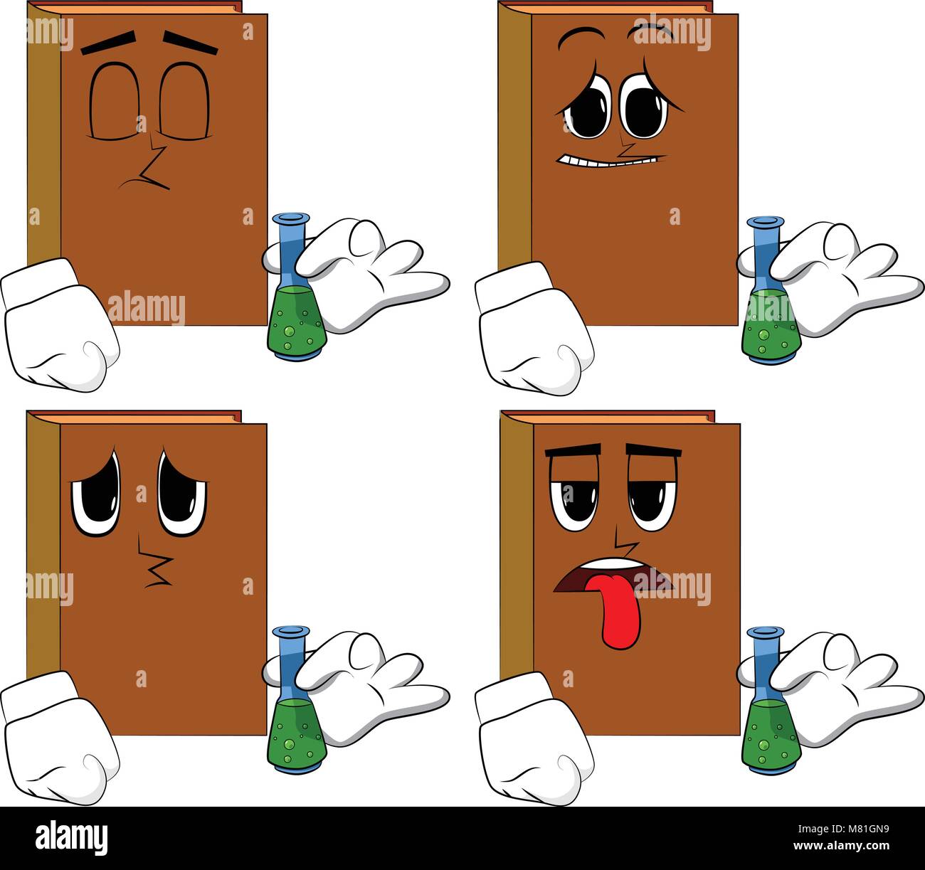 Books holding a test tube. Cartoon book collection with sad faces ...