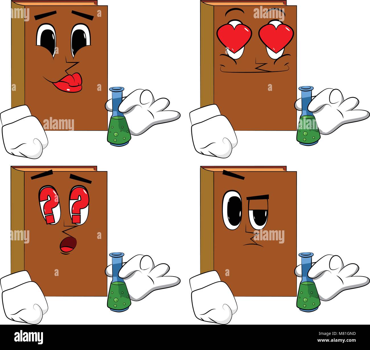 Books holding a test tube. Cartoon book collection with various faces ...