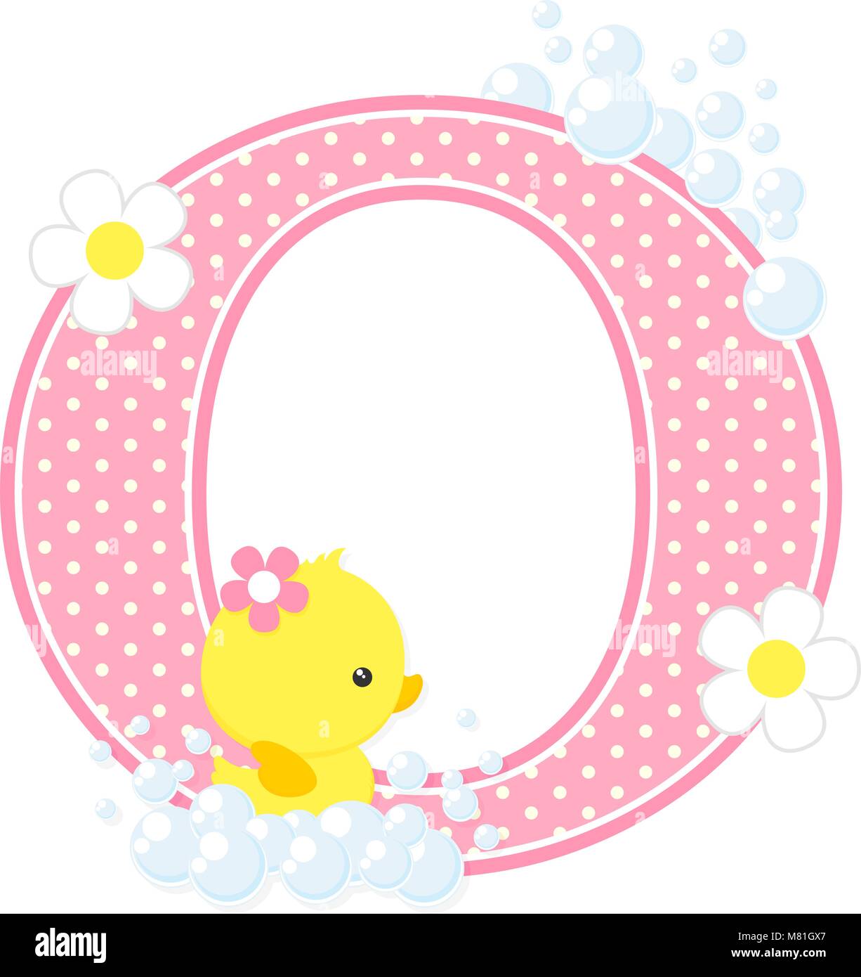 initial o with bubbles and cute rubber duck isolated on white. can be ...