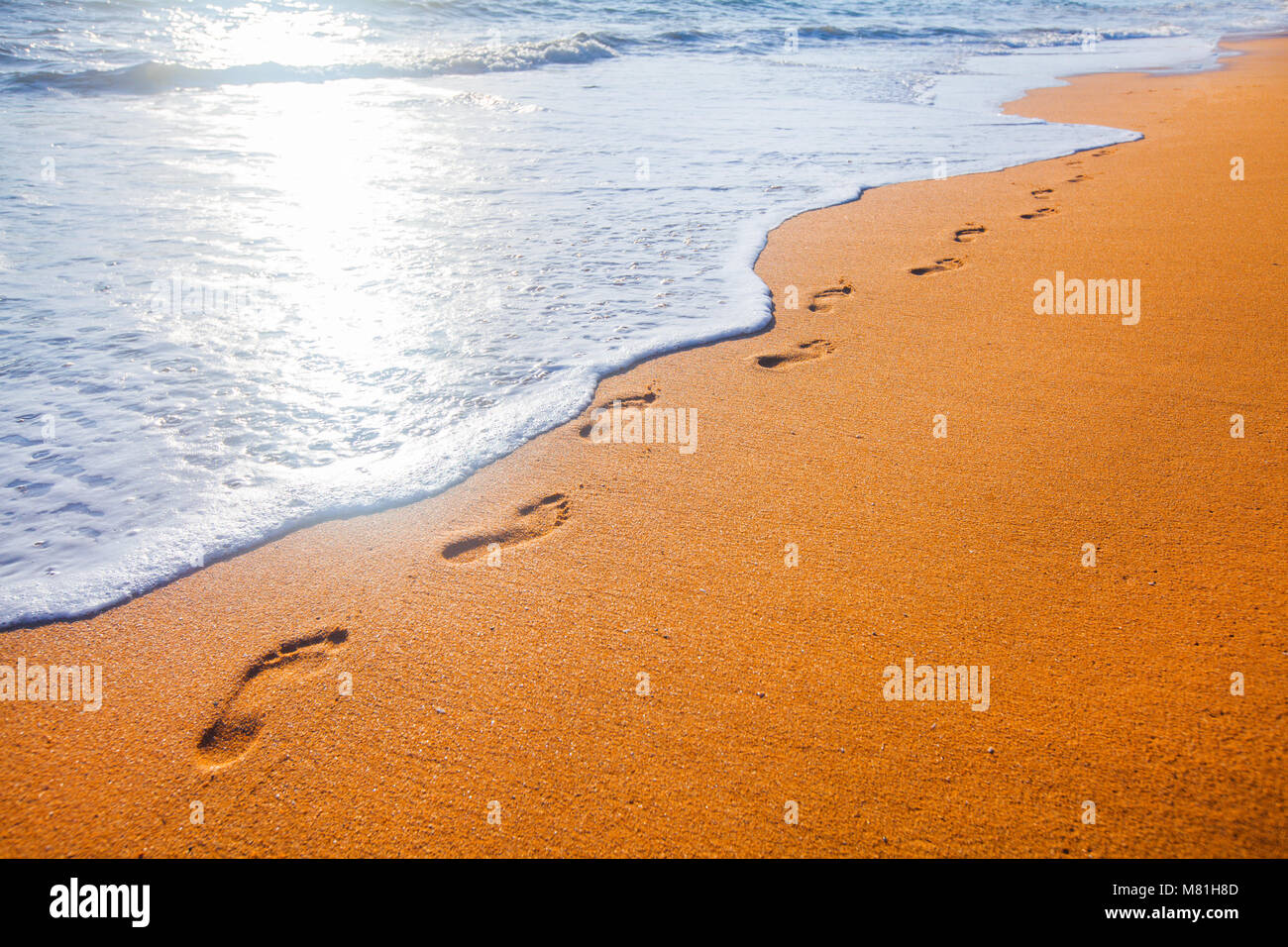 beach, wave and footsteps at sunset time Stock Photo - Alamy
