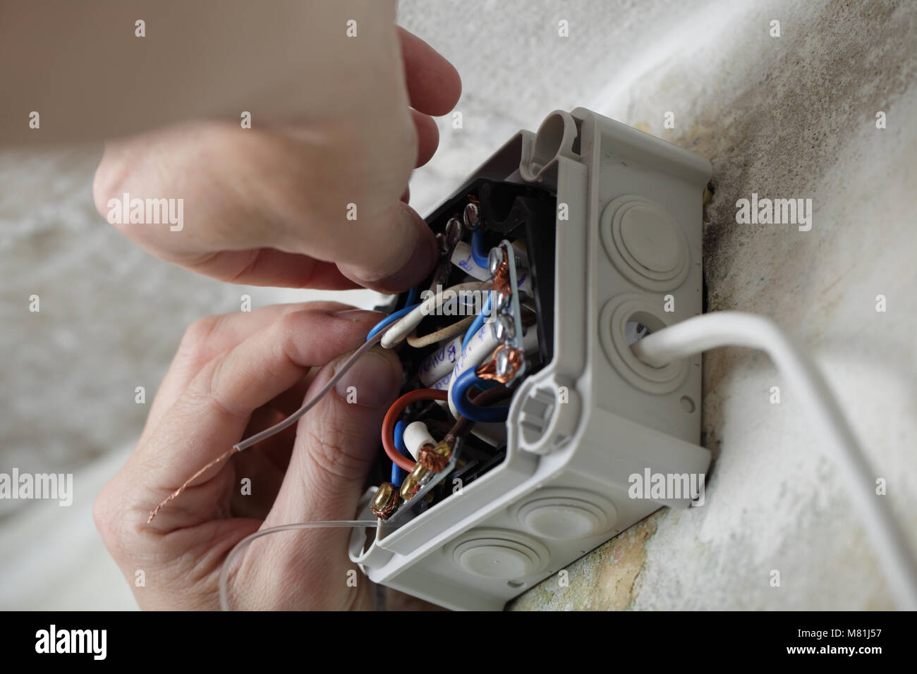 Worker installing the plastic electrical box on a wall Stock Photo - Alamy