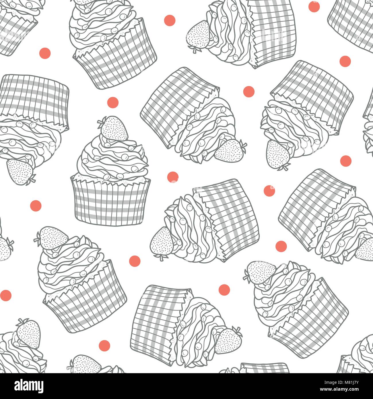 Cupcakes and red dots random on white background. Cute hand drawn seamless pattern of dessert in ...