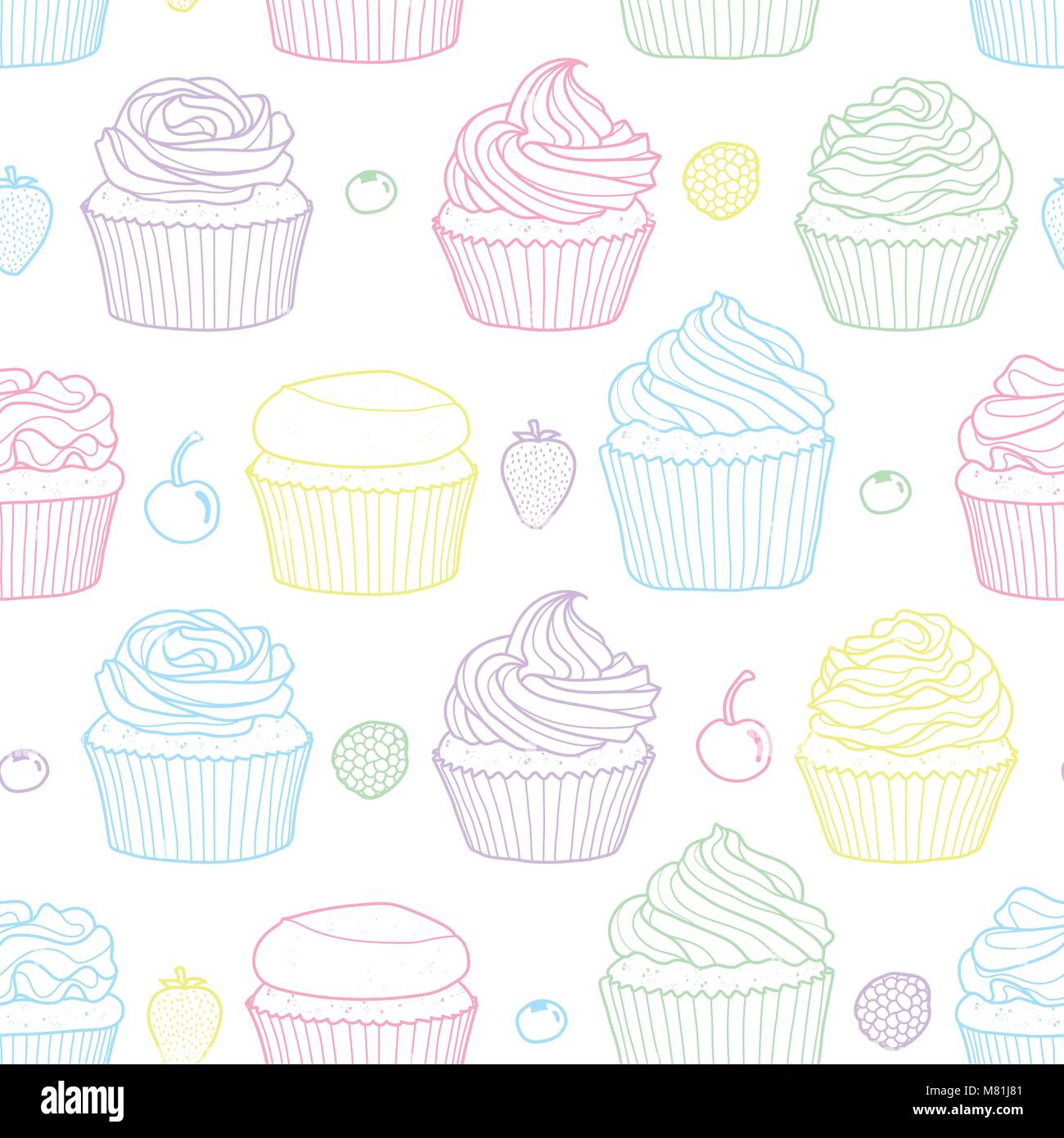 6 styles of cupcake and fruits random on white background. Cute hand drawn seamless pattern of ...