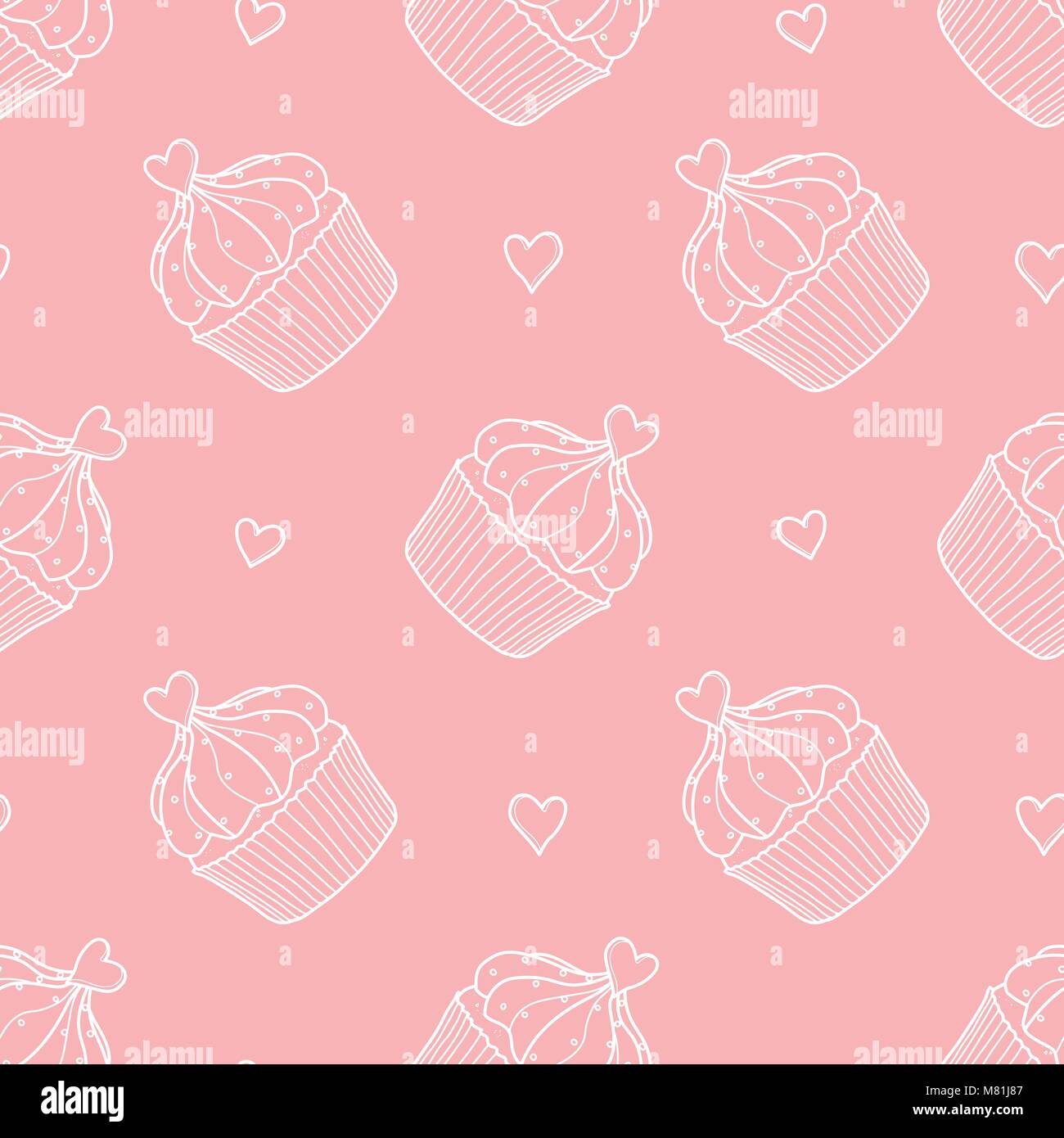 Cupcakes and hearts random on pink background. Cute hand drawn seamless pattern of dessert in ...