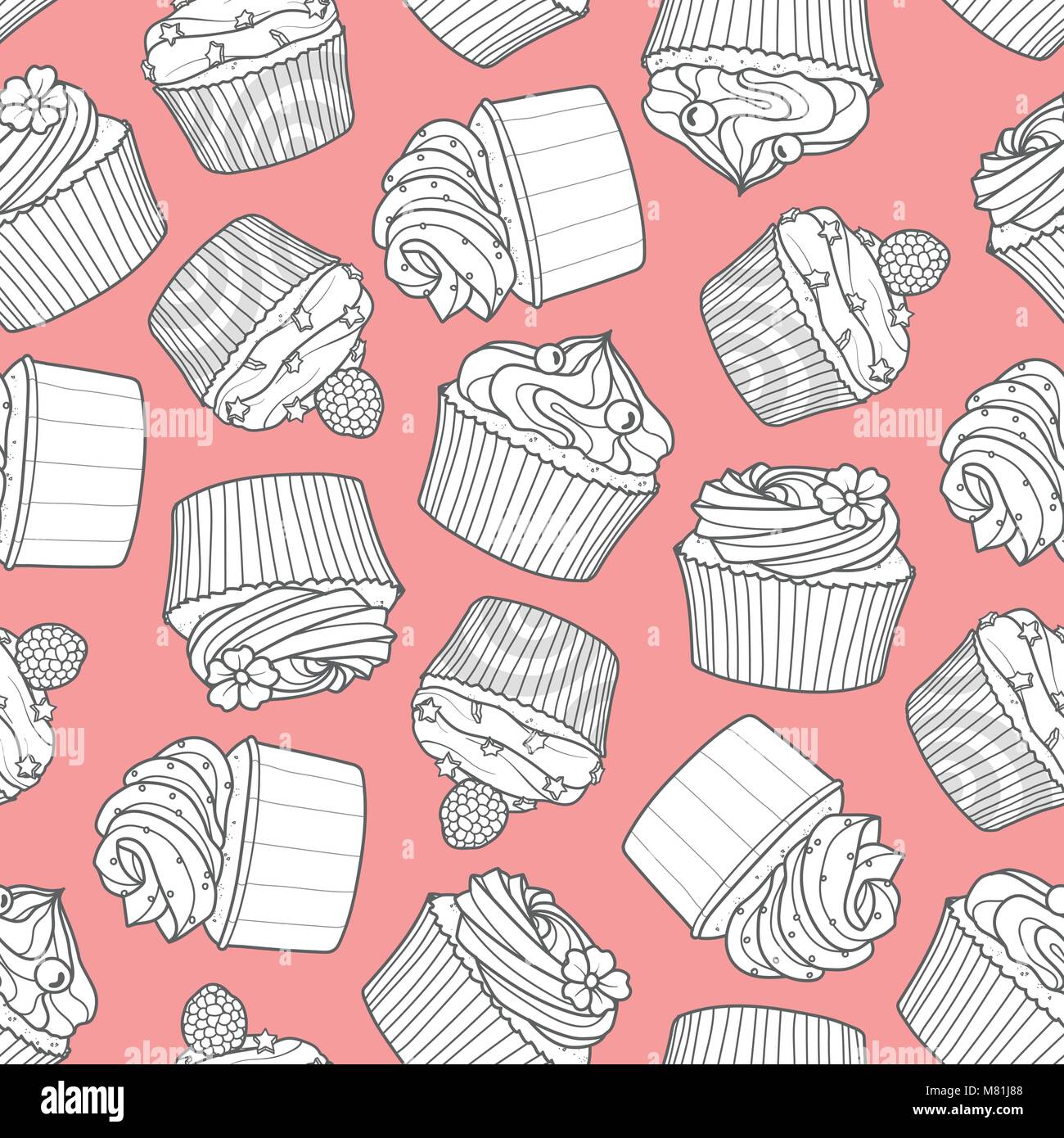 4 styles of cupcake random on pink background. Cute hand drawn seamless pattern of dessert in ...
