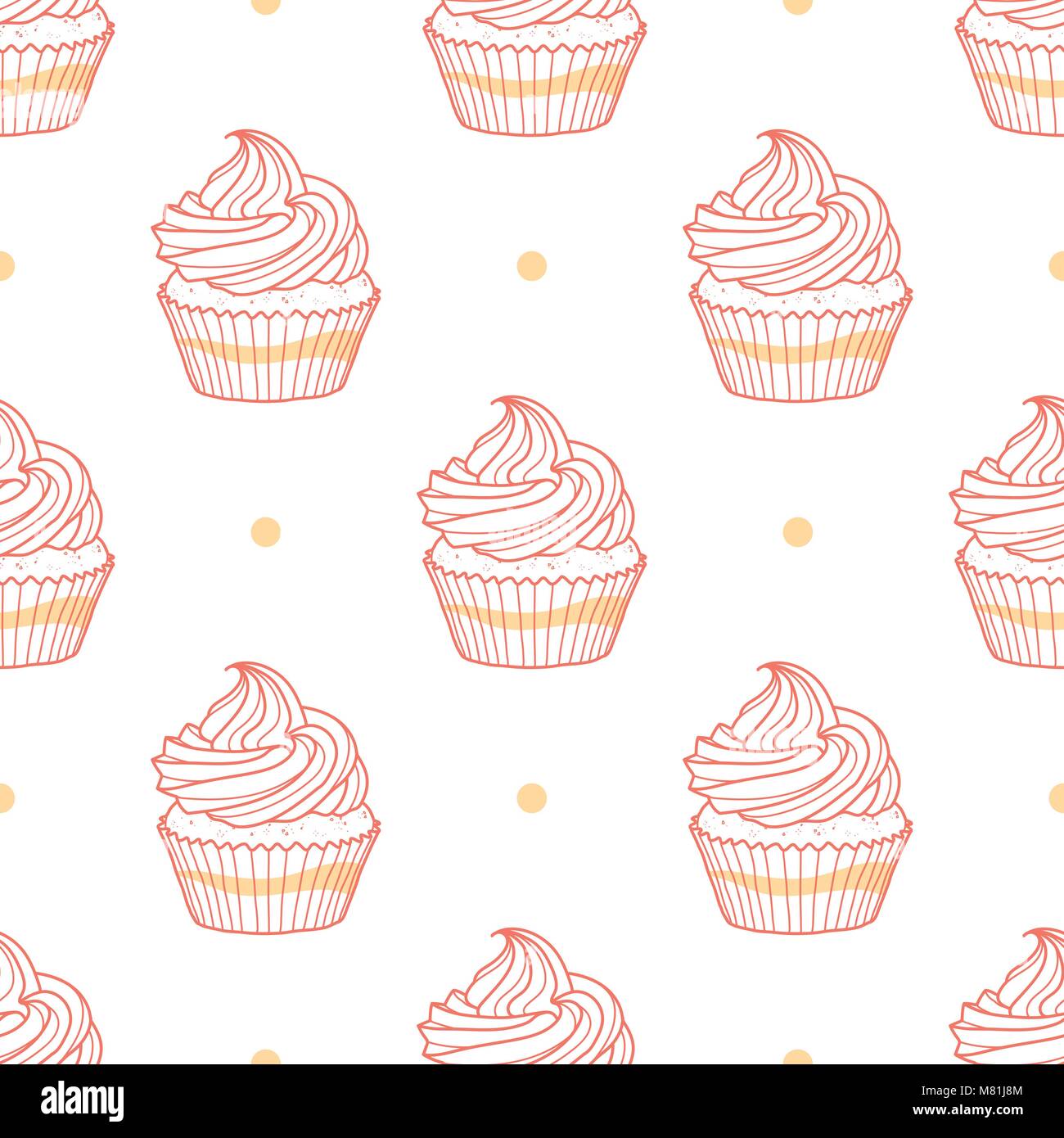Cupcakes and dots random on white background. Cute hand drawn seamless pattern of dessert in red ...