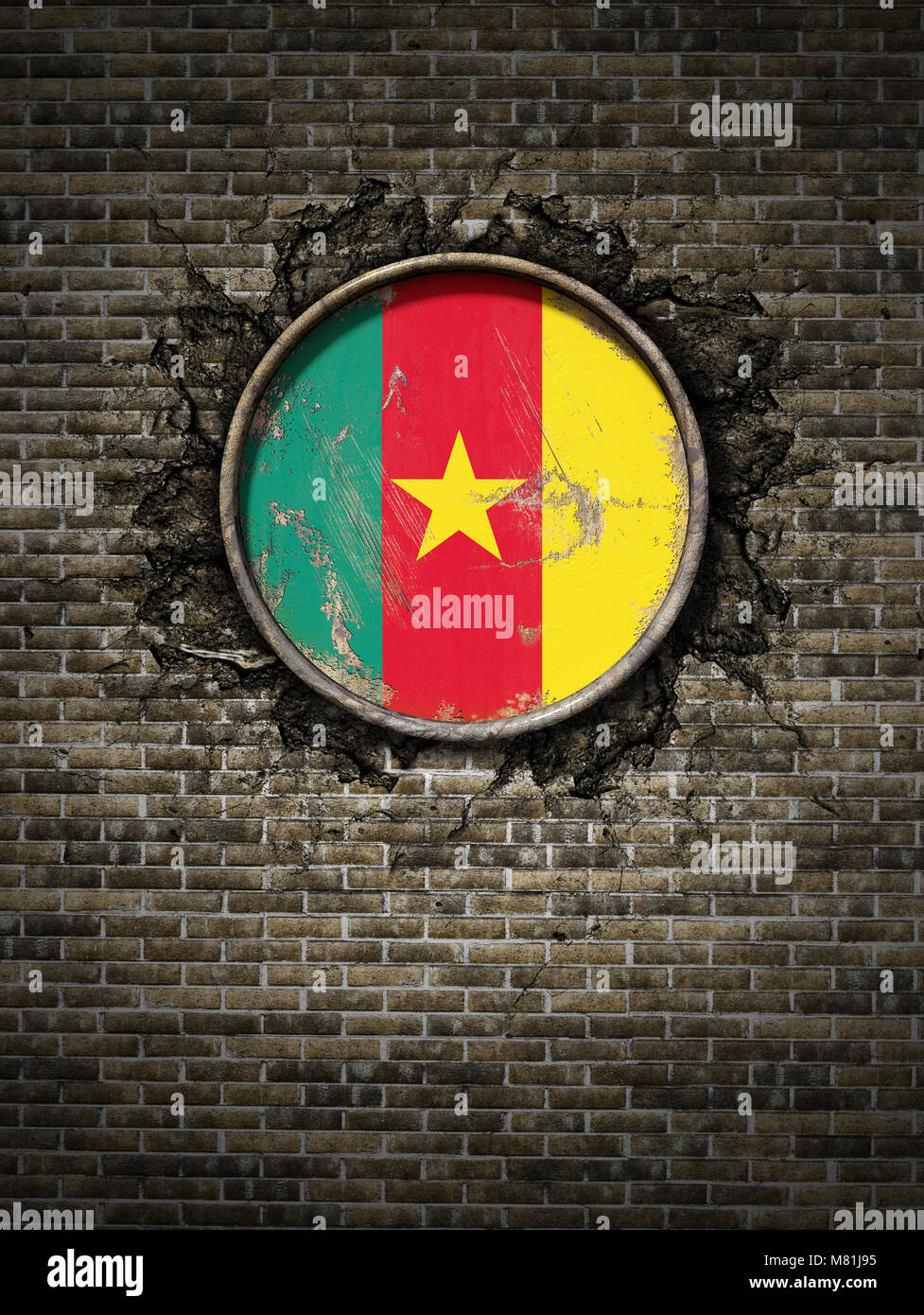 3d rendering of a Cameroon flag over a rusty metallic plate embedded on ...