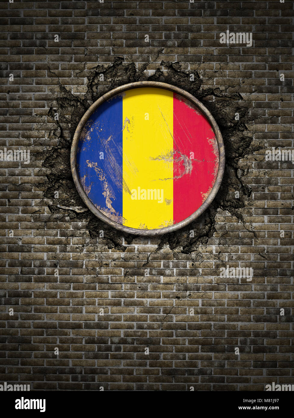 3d rendering of a Republic of Chad flag over a rusty metallic plate ...