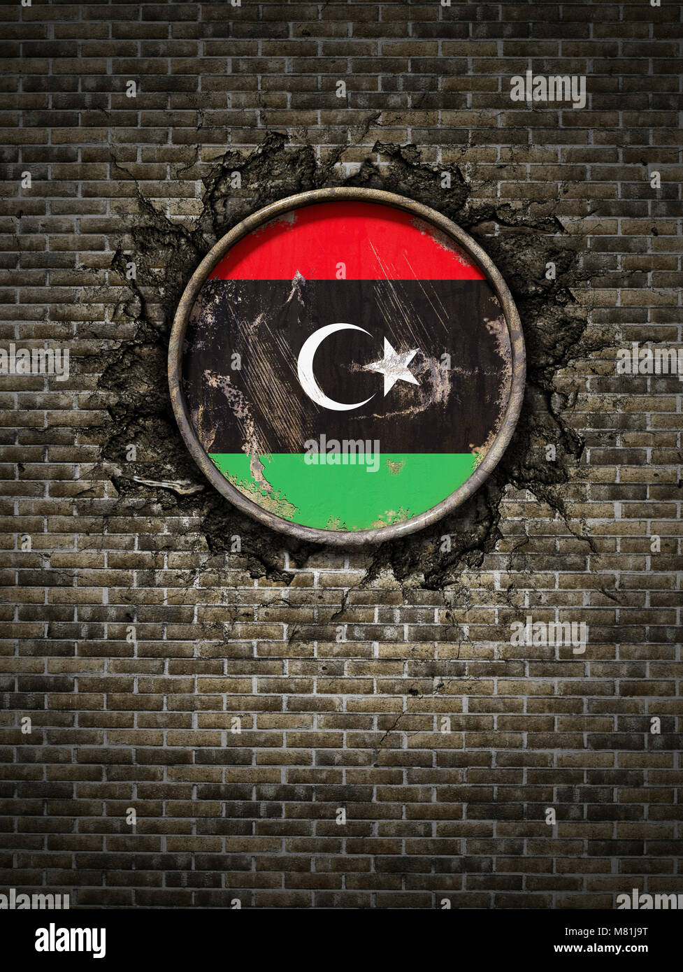 3d rendering of a Libya flag over a rusty metallic plate embedded on an ...