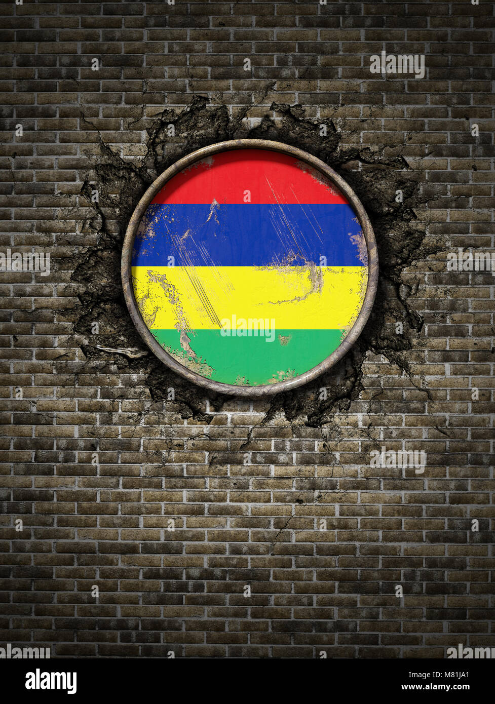3d rendering of a Republic of Mauritius flag over a rusty metallic ...