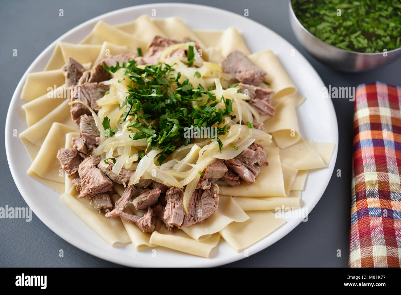 Traditional dish of Turkic people in Central Asia Beshbarmak Stock ...