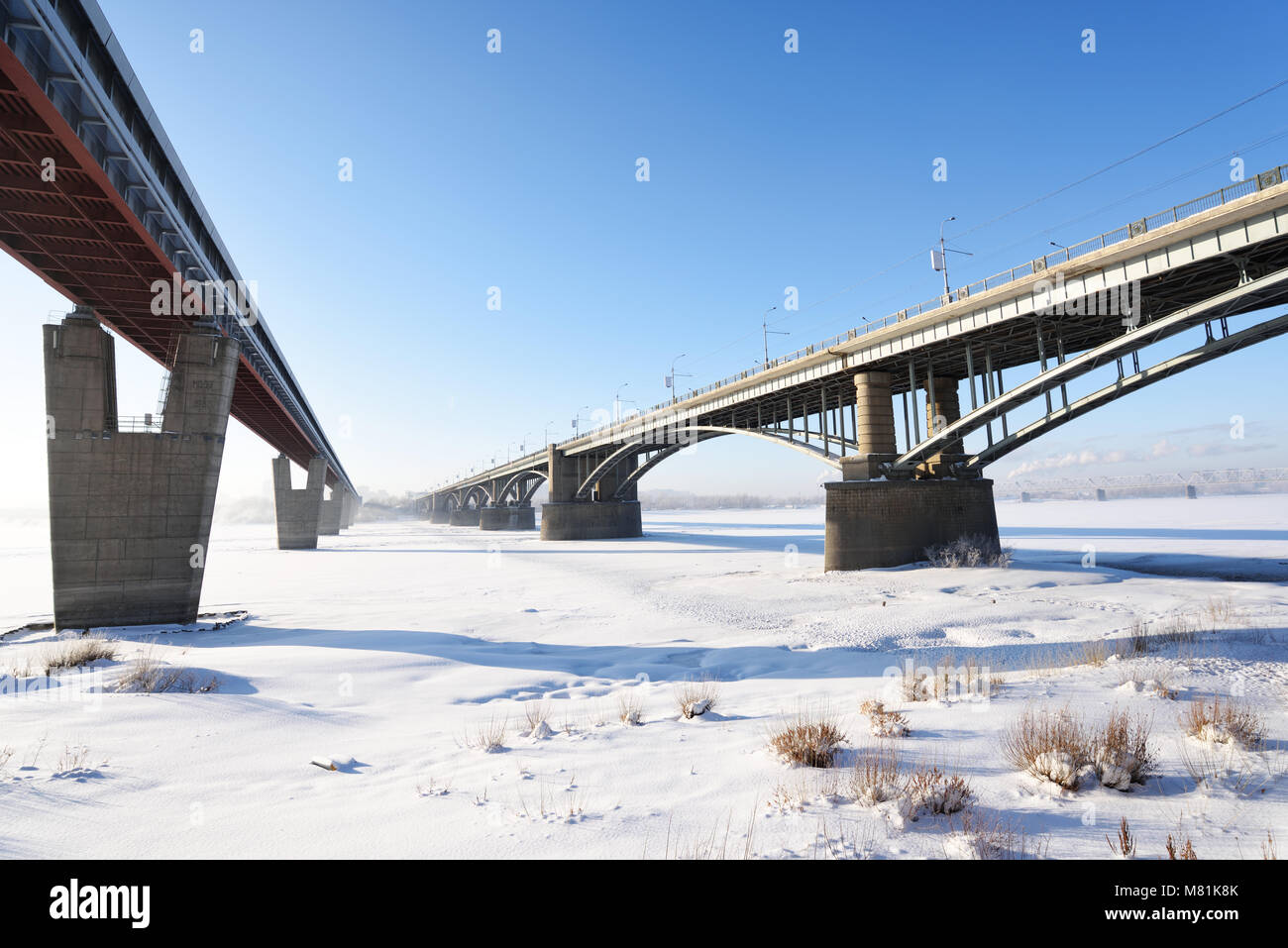 Metro bridge and Communal bridge across Ob river in Novosibirsk, Russia ...