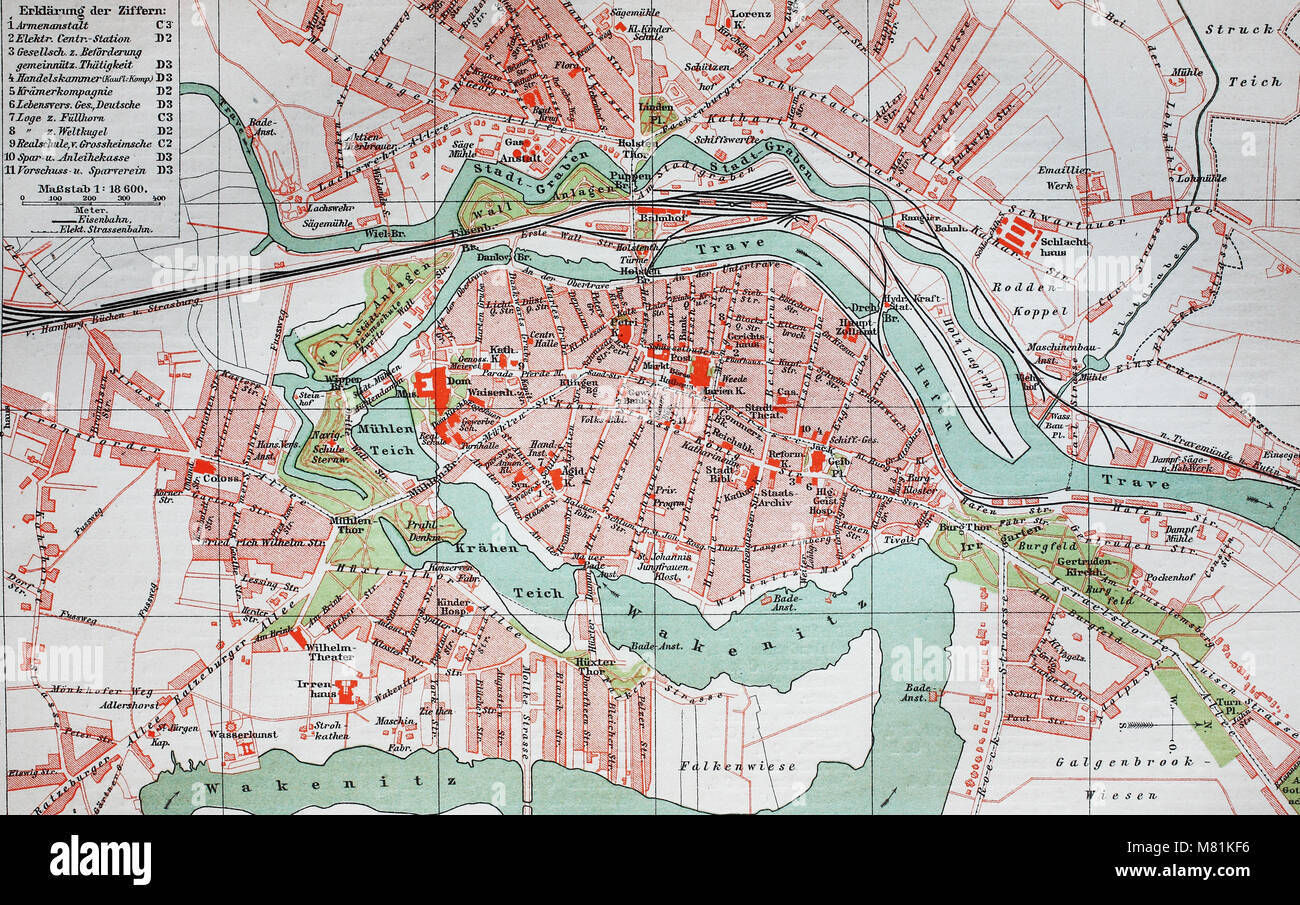 city map from the year 1892: Luebeck, Germany, digital improved ...