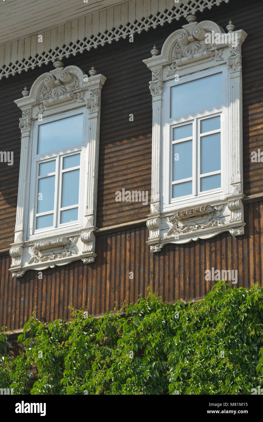 Decorated windows of the old mansion in Novosibirsk, Russia Stock Photo ...
