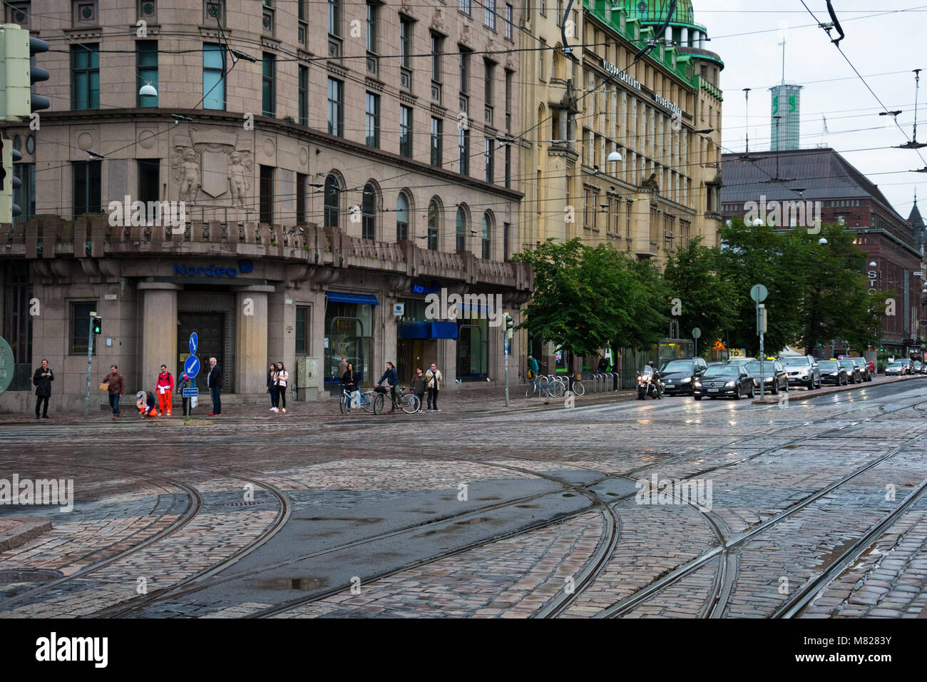 Helsinki, Finland. August 25, 2017. View of Helsinki street on a rainy ...
