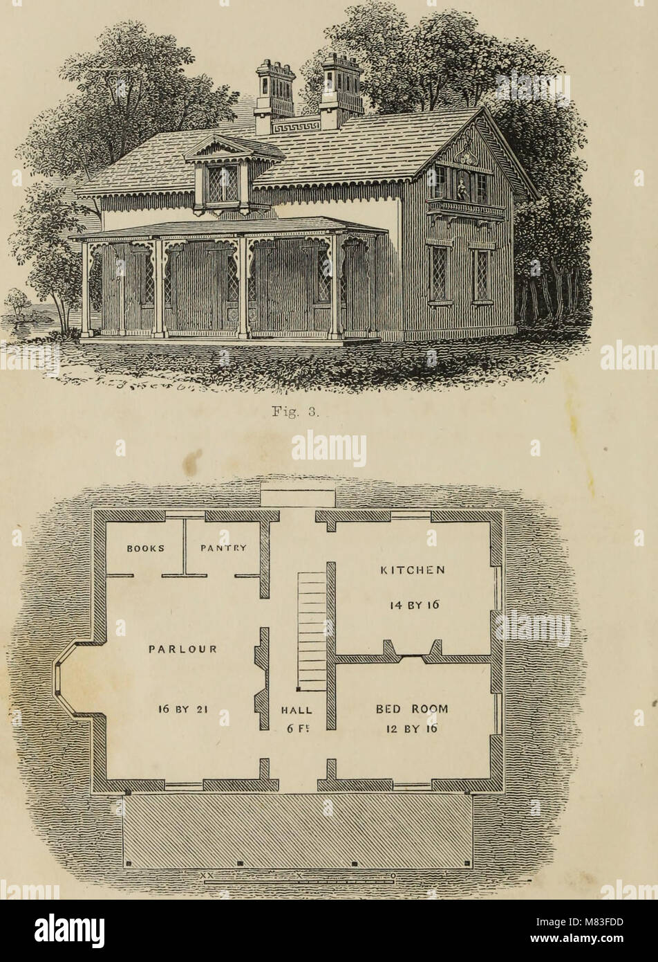An 1847 guide featuring a series of design plans for rural cottages and ...