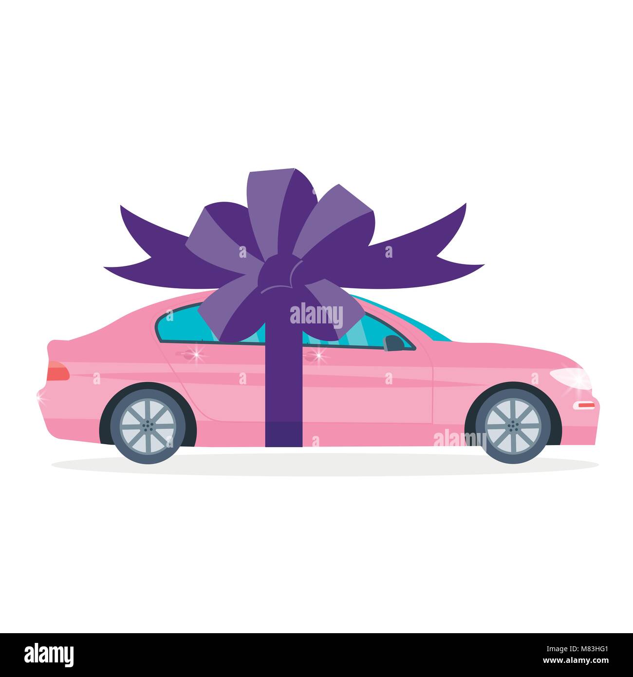 Poster with red machine and ribbon. Car gift concept or presentation of ...