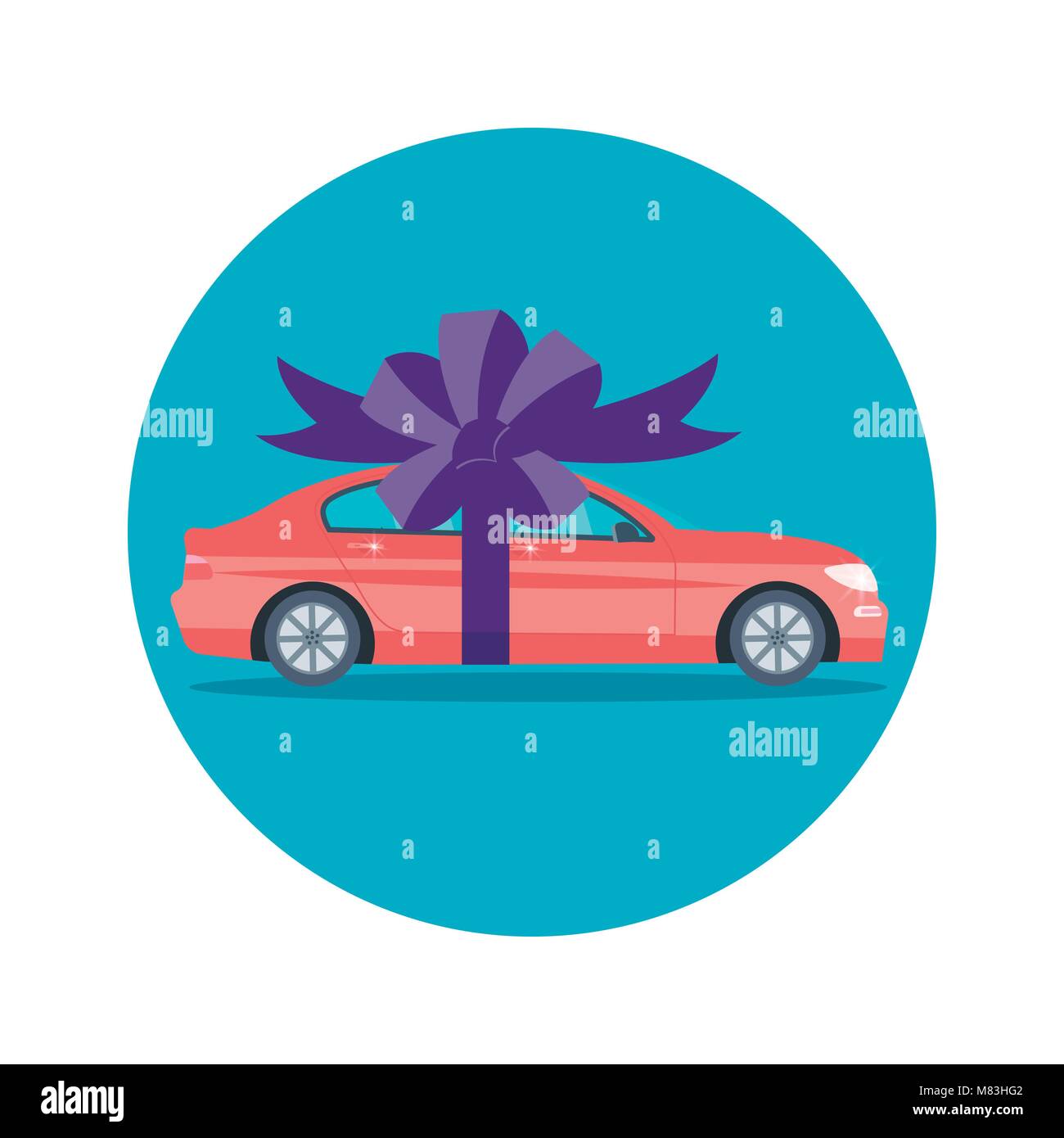 Poster with red machine and ribbon. Car gift concept or presentation of ...