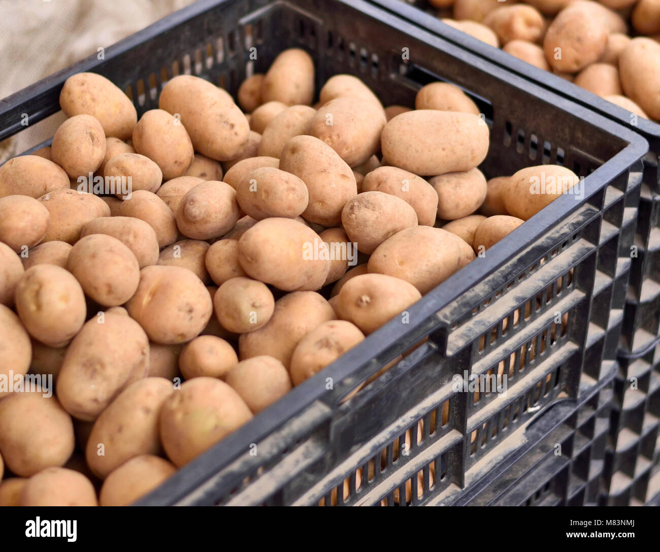 Raw potatoes on a street market stall. Fresh potatoes, heap or stack in ...