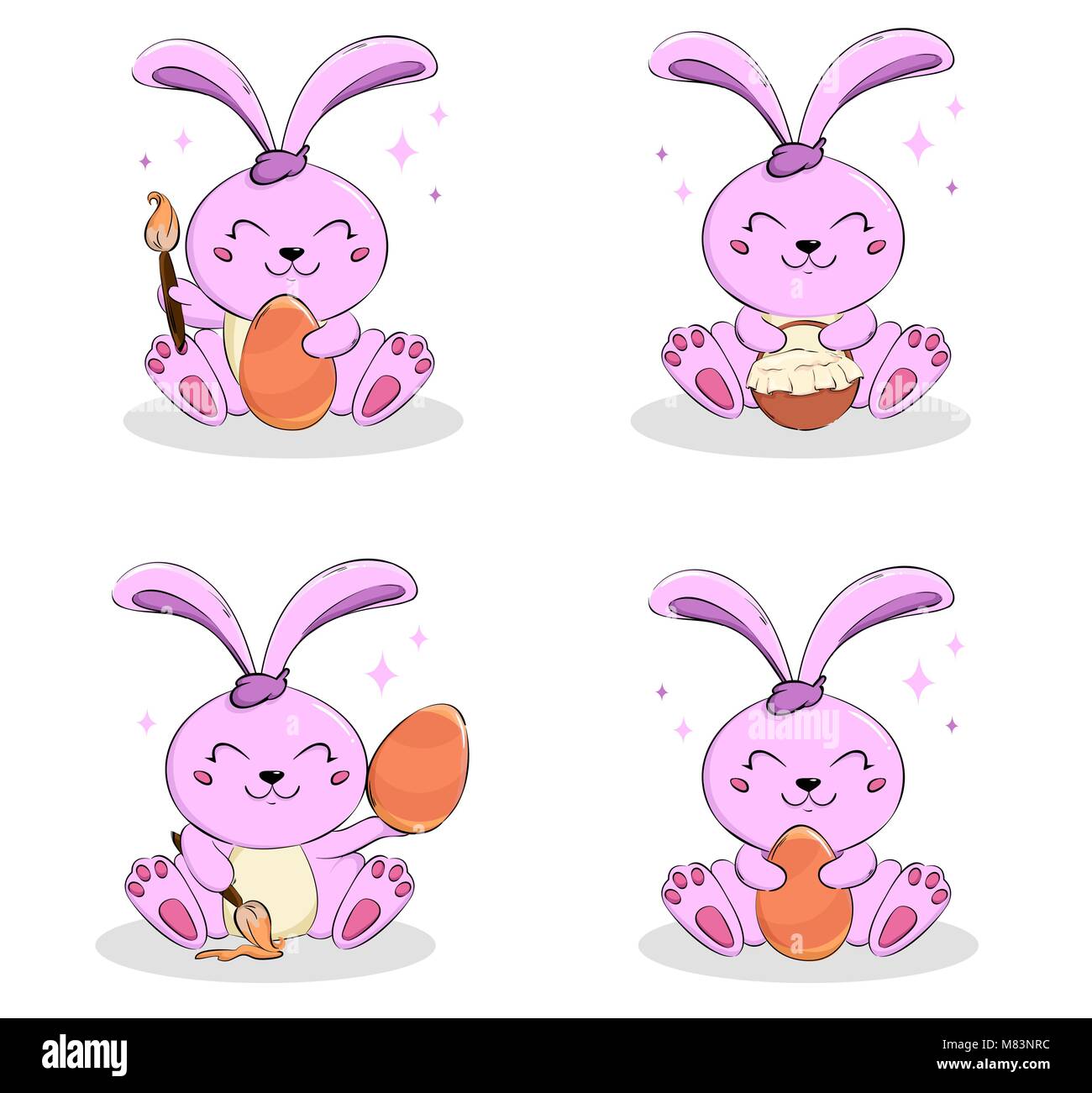Easter bunny for holiday. Set of cute pink rabbit, cartoon character ...