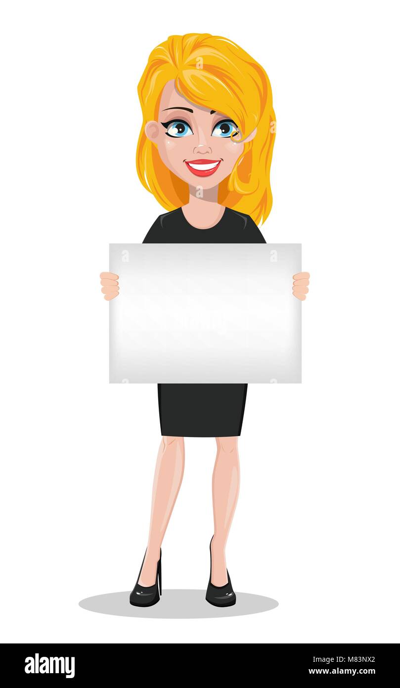 Beautiful business woman holding blank placard. Blonde businesswoman in ...
