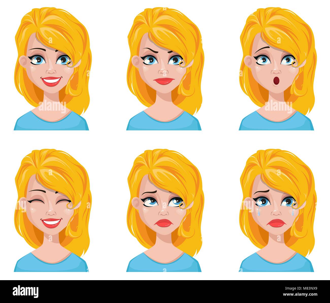 Face Expressions Of Cute Blonde Woman Different Female Emotions Set