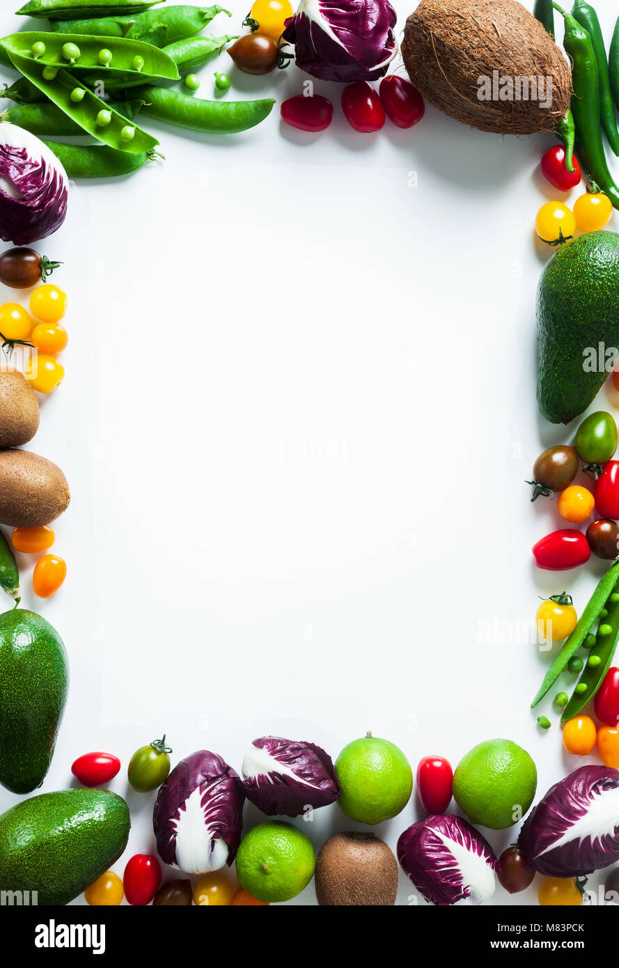 bright Background of fresh summer ripe Fruits and Vegetables. Organic ...