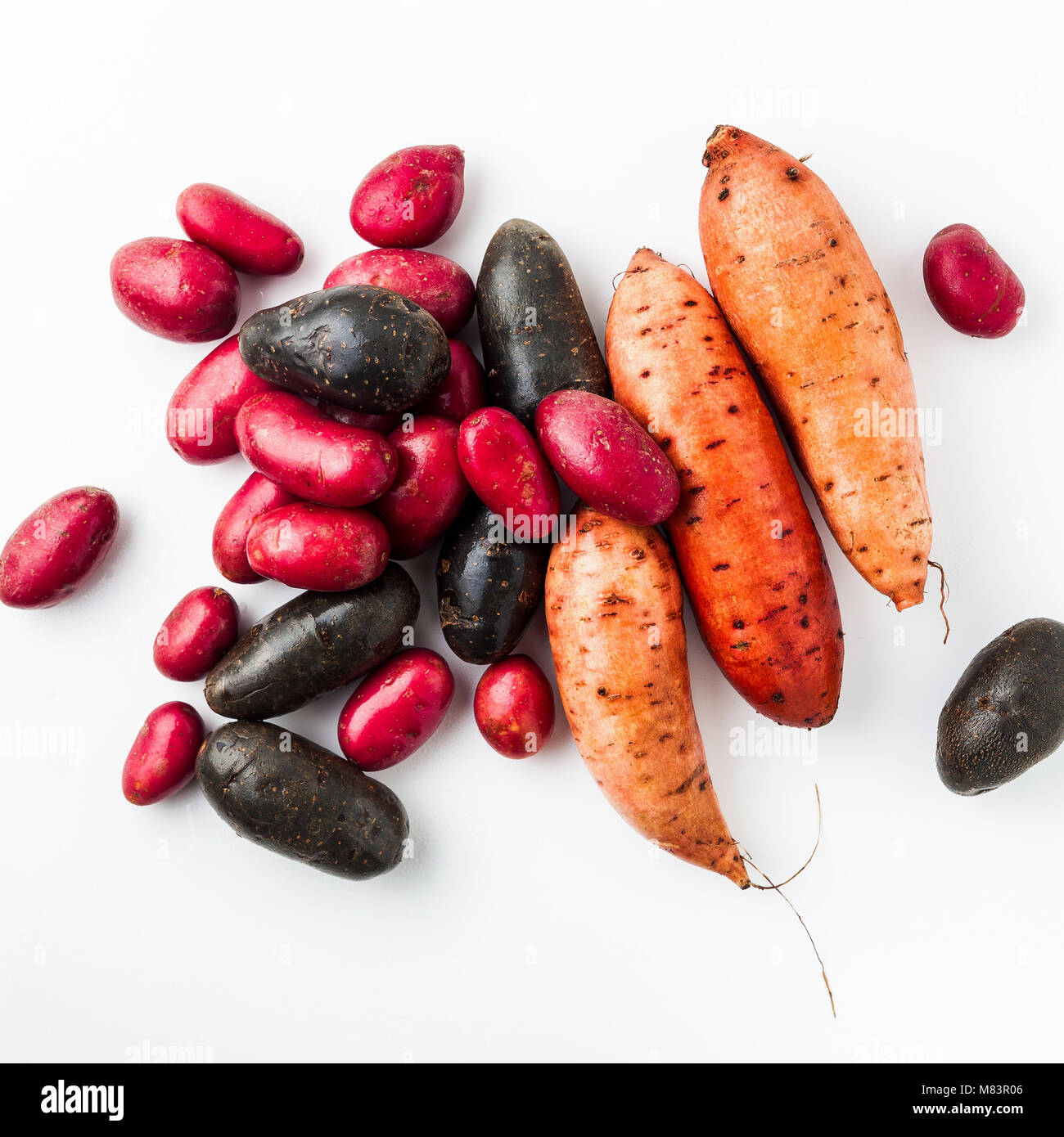 Different varieties in form and color of potatoes on a white isolated ...