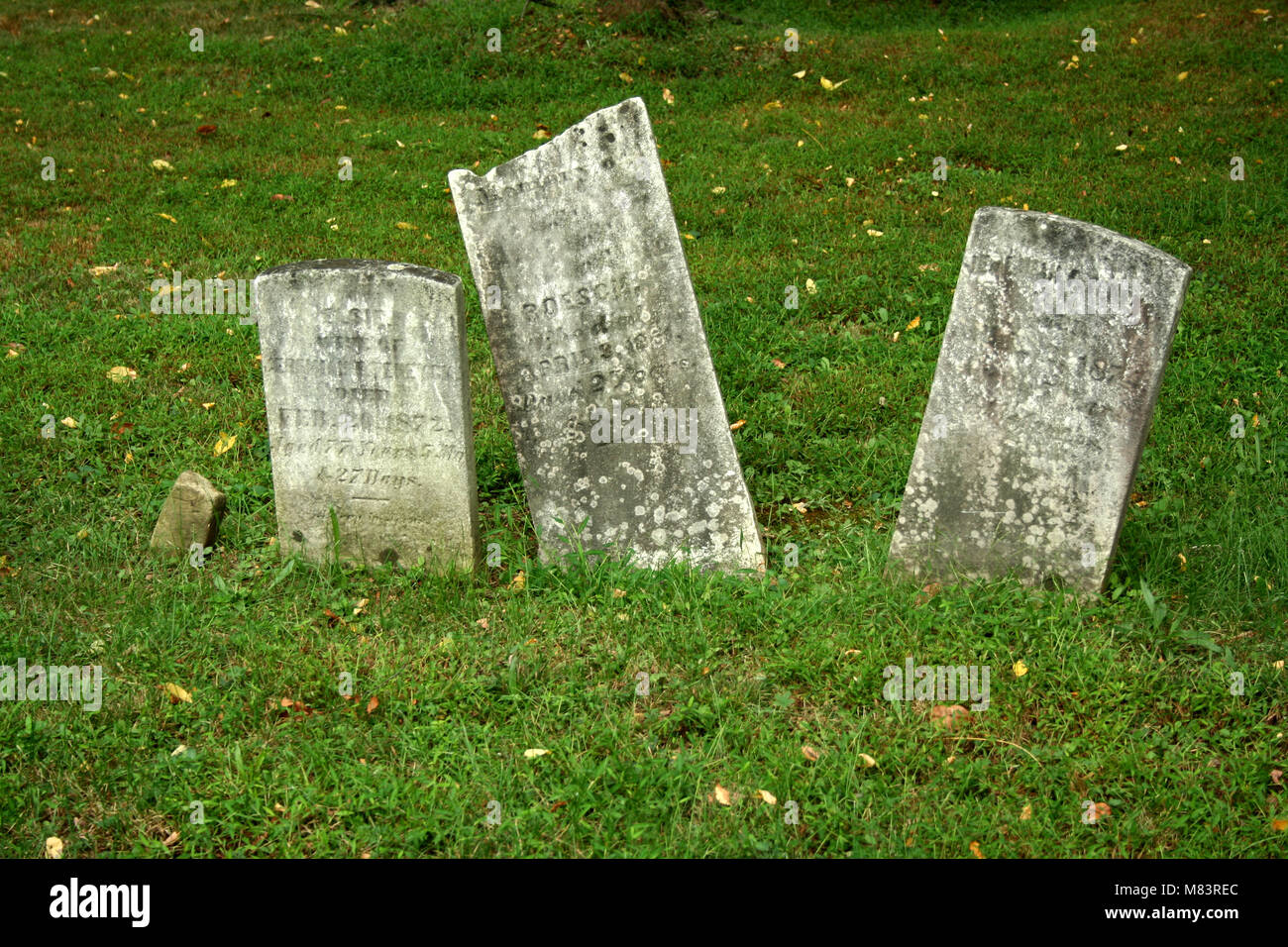 Three Old Gravestone with grass in a graveyard Stock Photo - Alamy
