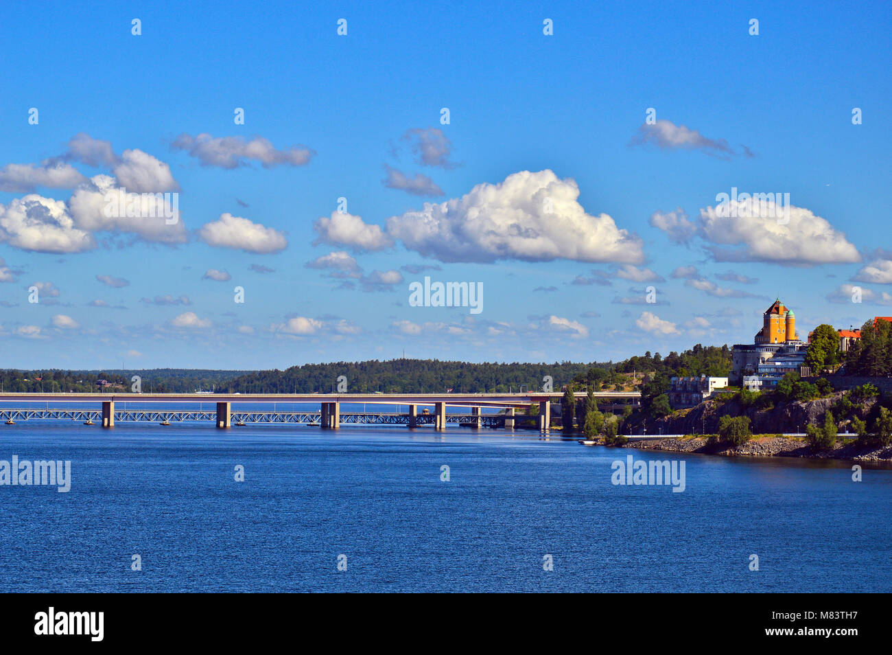 Bridge linking two Swedish islands of Stockholm Archipelago in Baltic ...