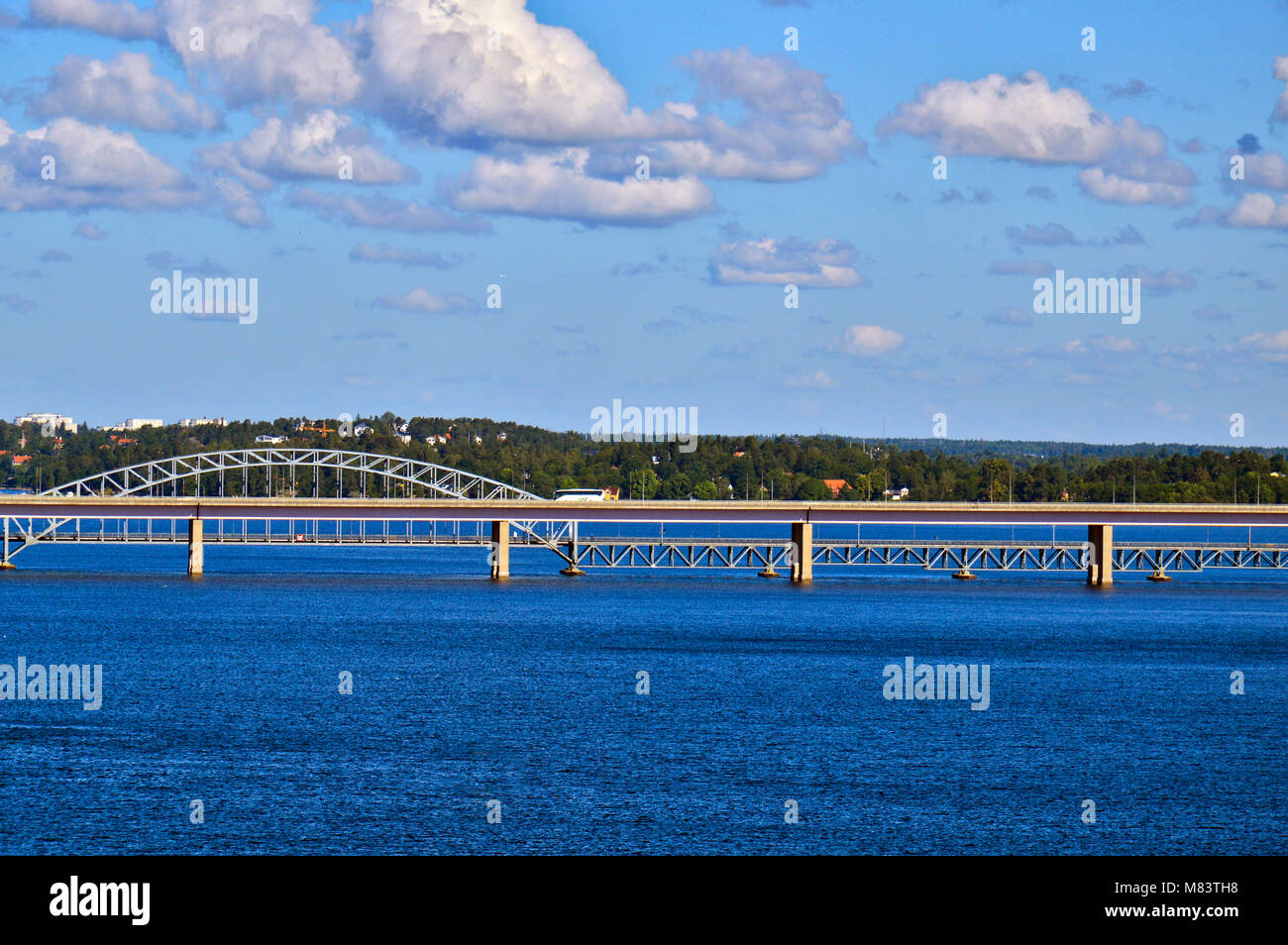 Bridge linking two Swedish islands of Stockholm Archipelago in Baltic ...
