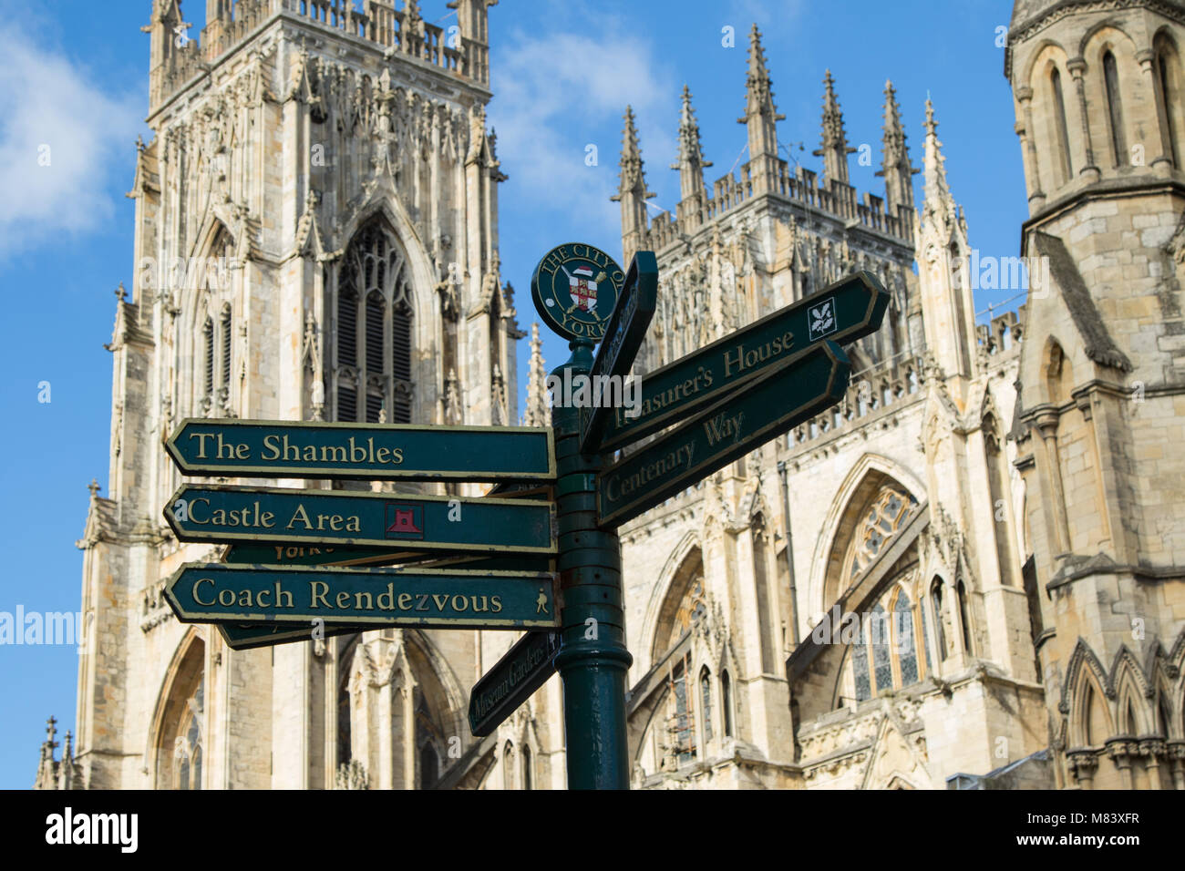 City centre sign posts with York Minster in the background,North ...