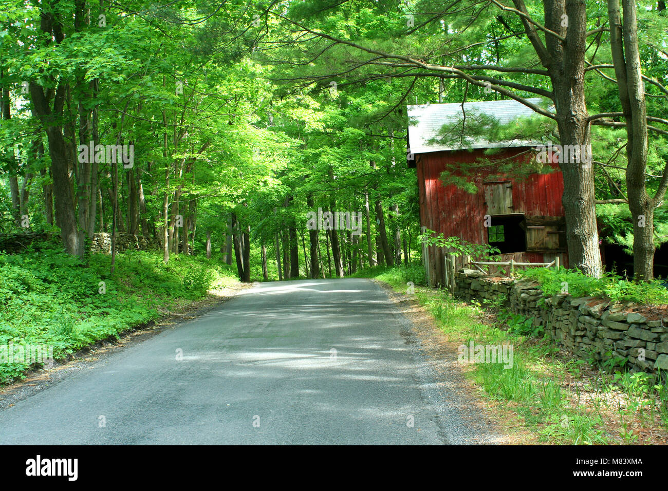 A Red barn in the woods near a road Stock Photo - Alamy