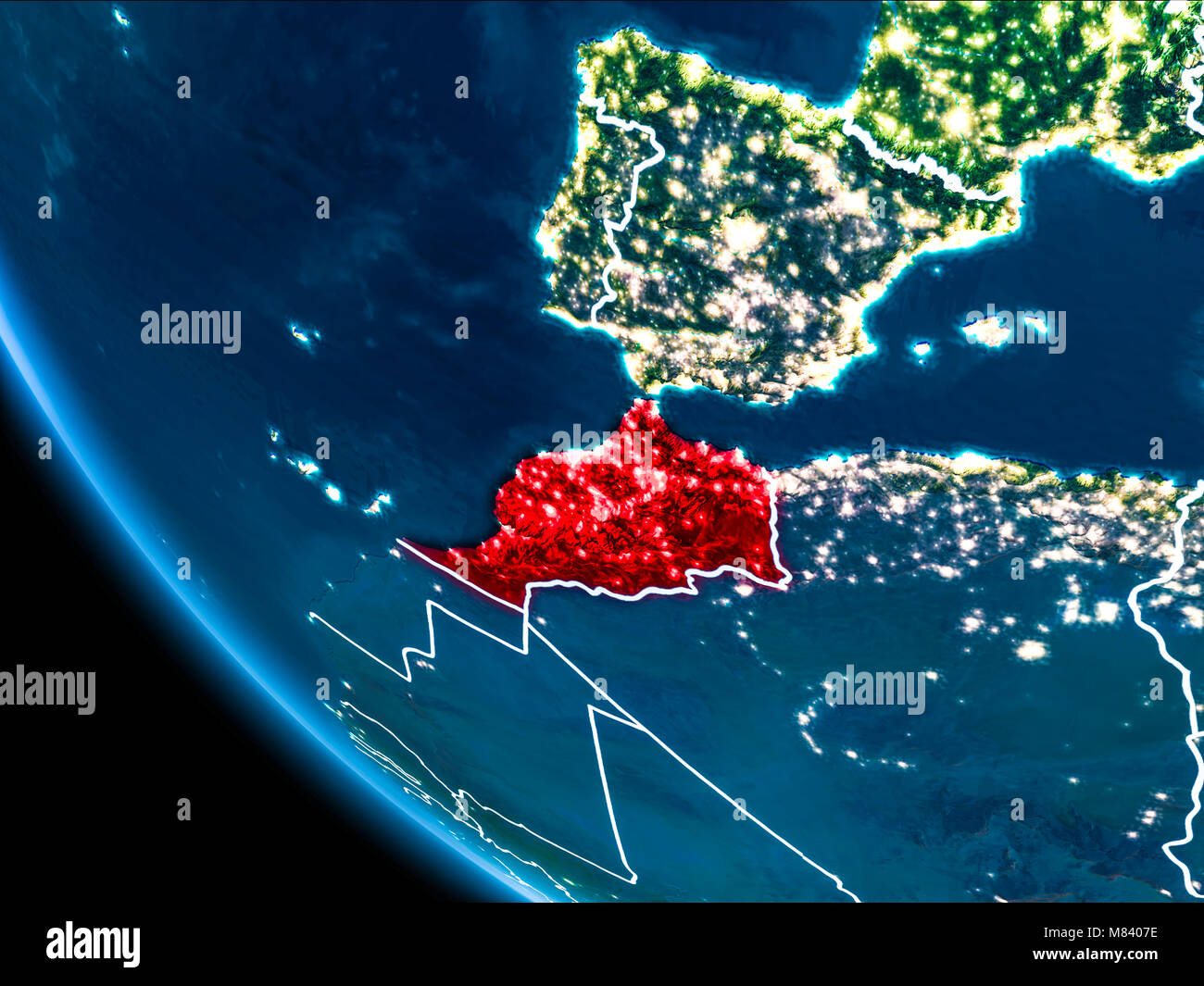 Map of Morocco in red as seen from space on planet Earth at night with ...