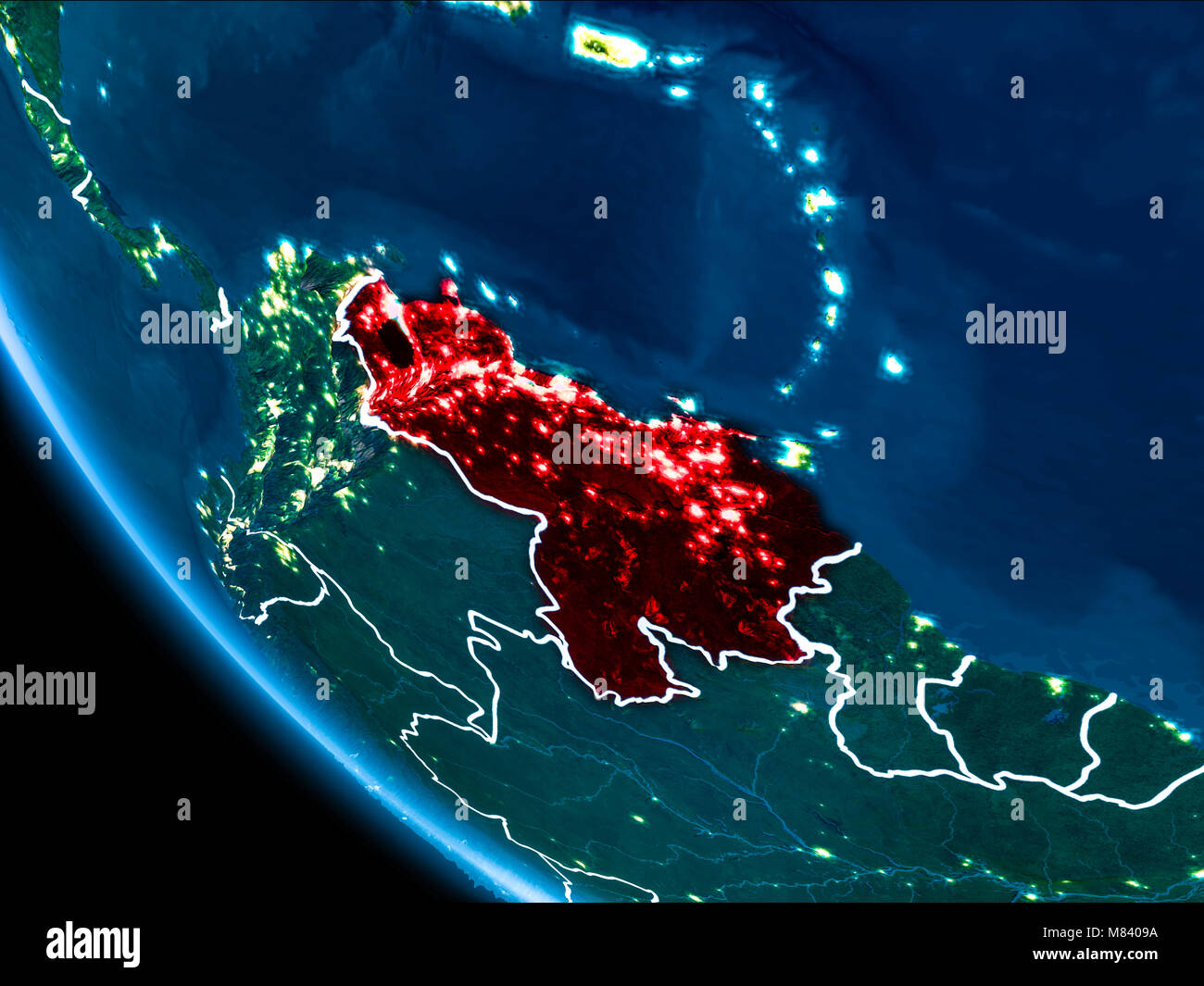 Map of Venezuela in red as seen from space on planet Earth at night ...