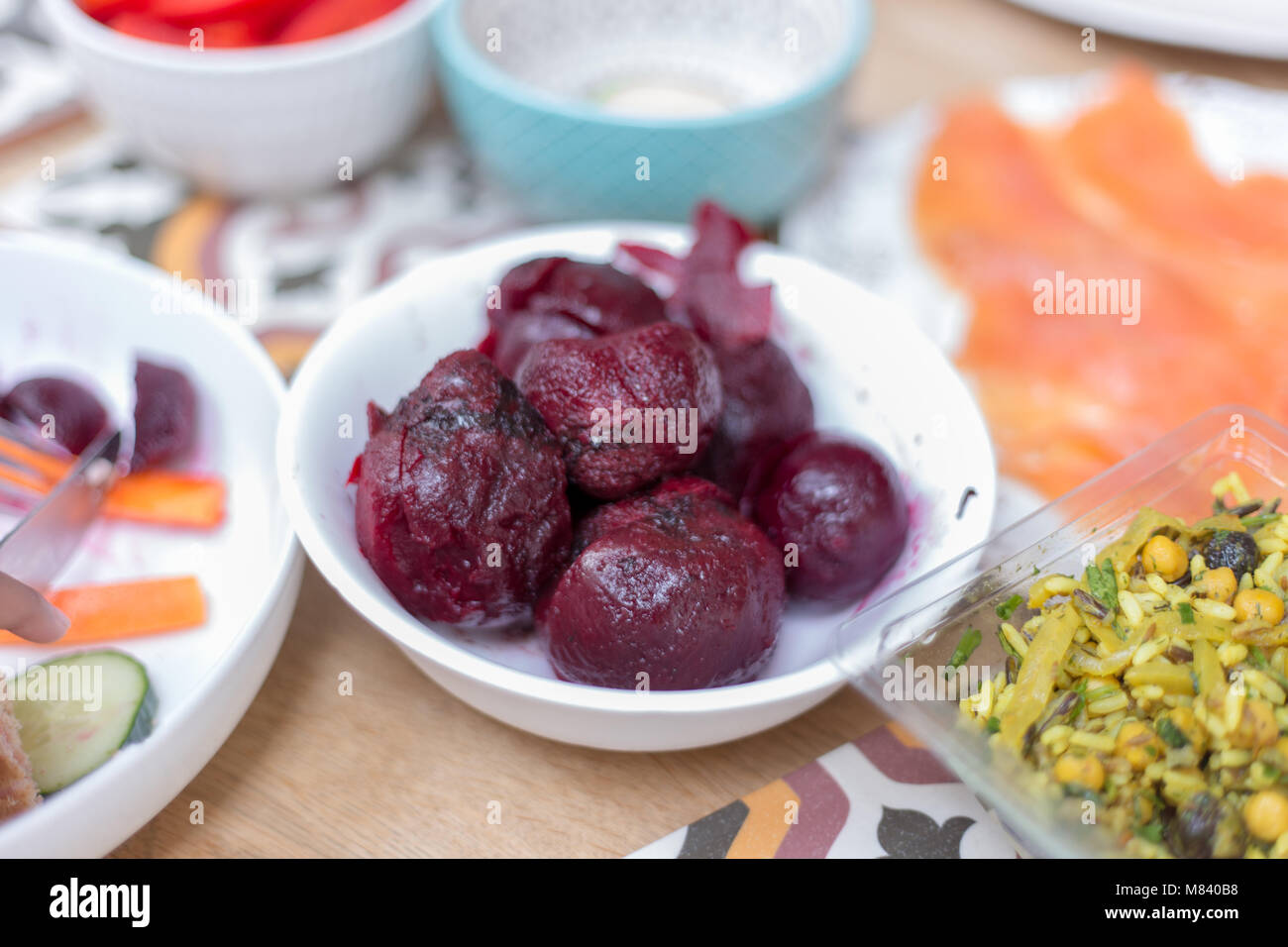 Healthy lunch ingredients laid out on a kitchen table Stock Photo - Alamy