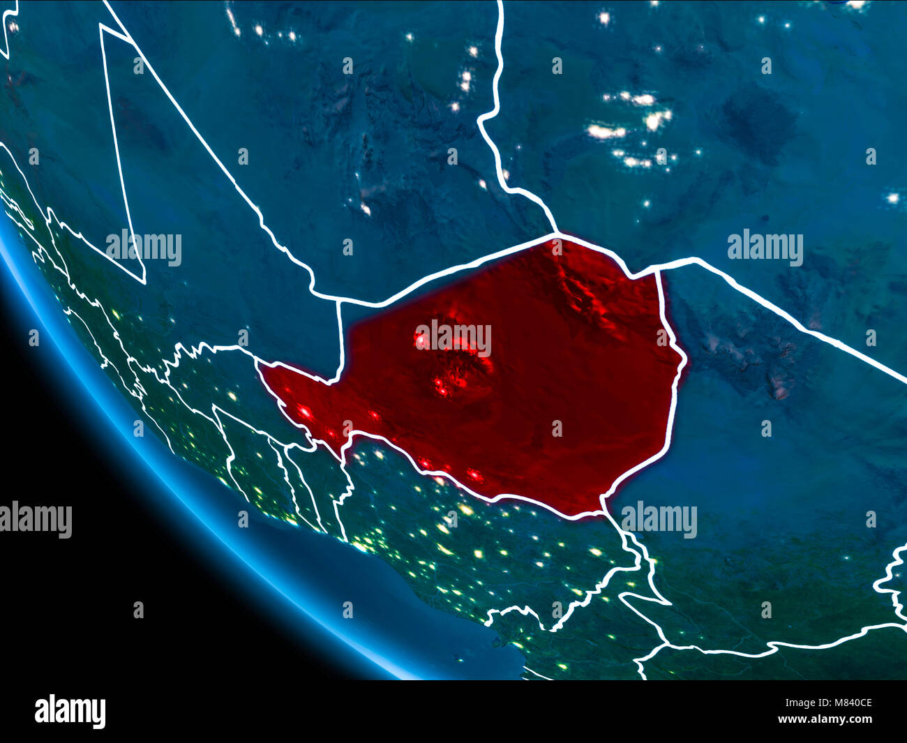 Map of Niger in red as seen from space on planet Earth at night with ...