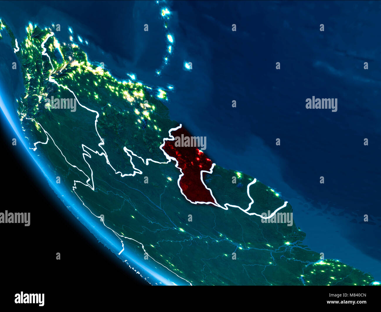 Map of Guyana in red as seen from space on planet Earth at night with ...