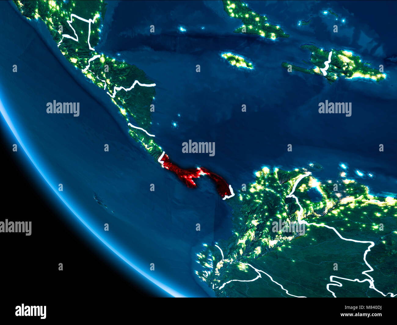 Map of Panama in red as seen from space on planet Earth at night with ...